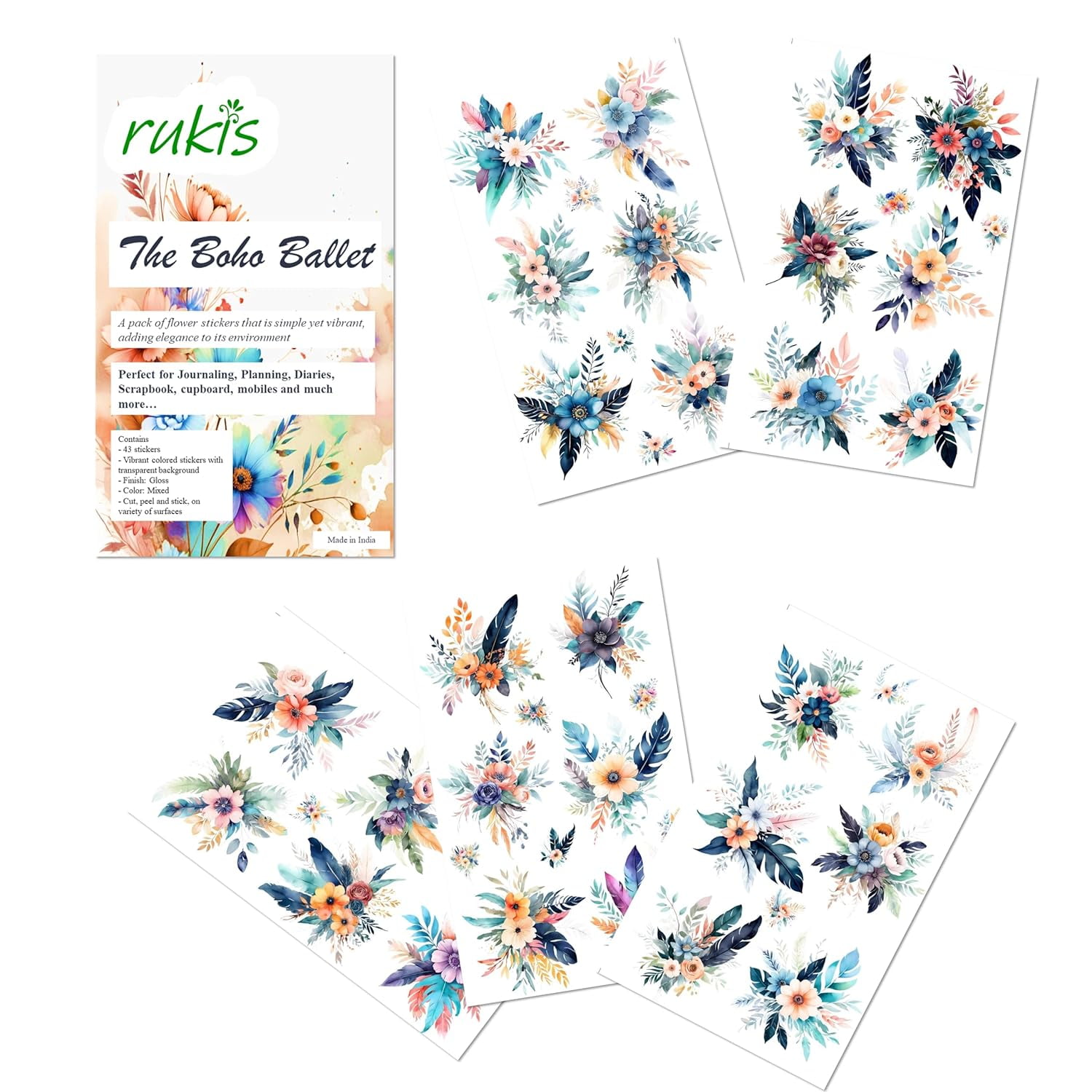 Rukis Colorful Boho Themed Flower Stickers The Boho Ballet 43 Pcs for ...