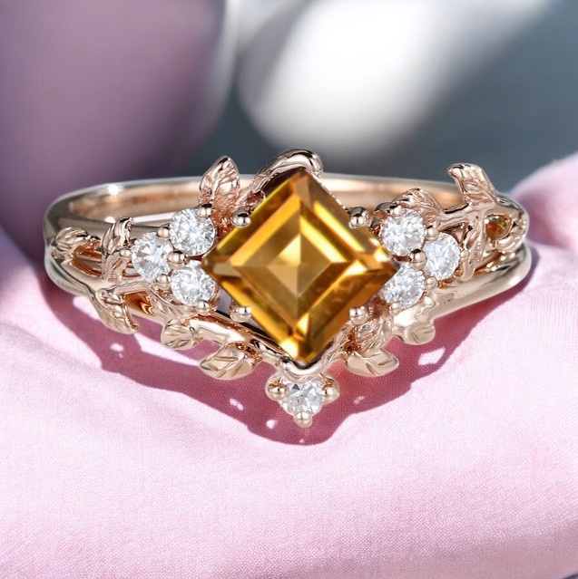 Rukmanijewels Square Citrine Ring Set Diamond Curved Band Set Bridal ...