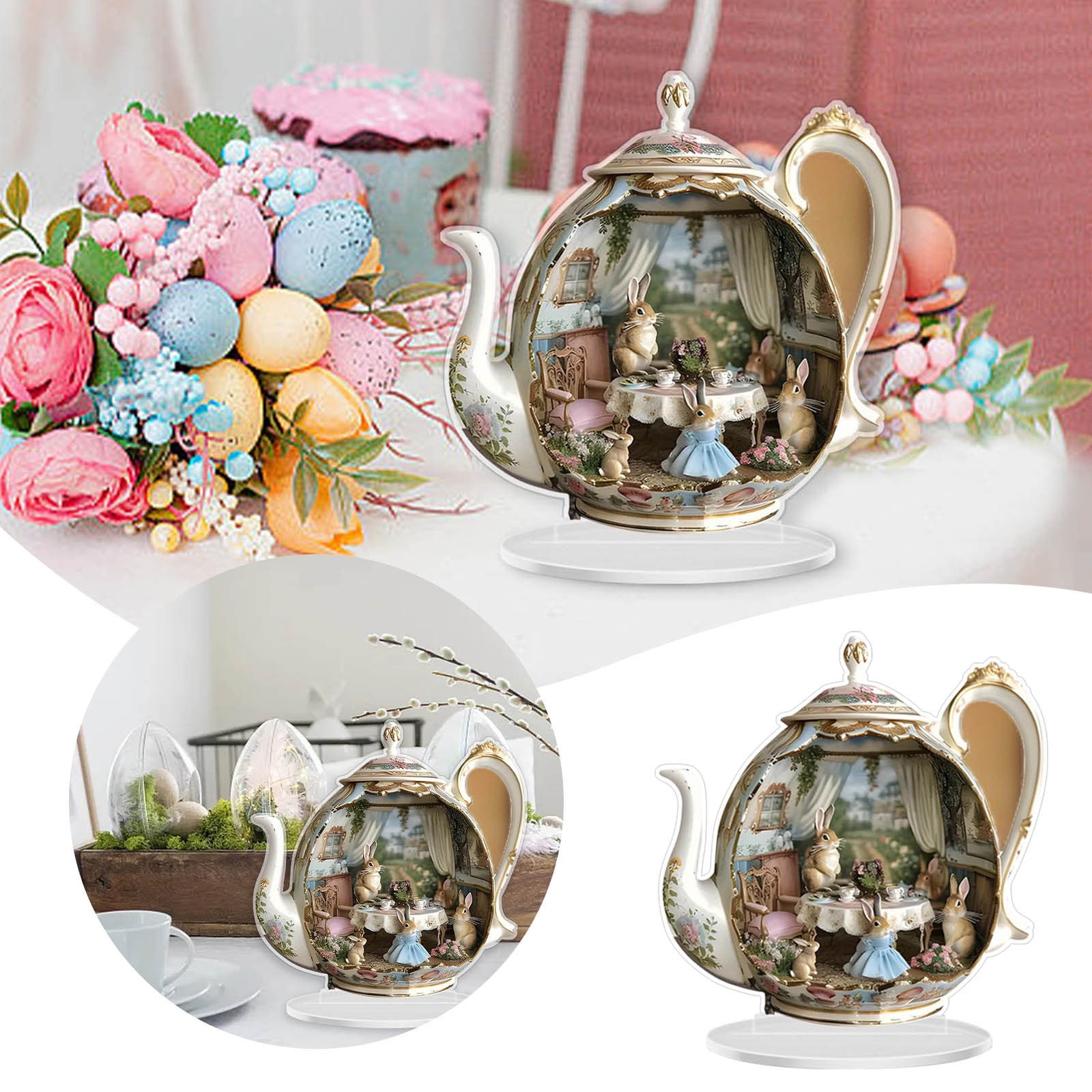 Rukui Easter Bunny Teapot Scene 2D Acrylic Tabletop Home Party Holiday ...