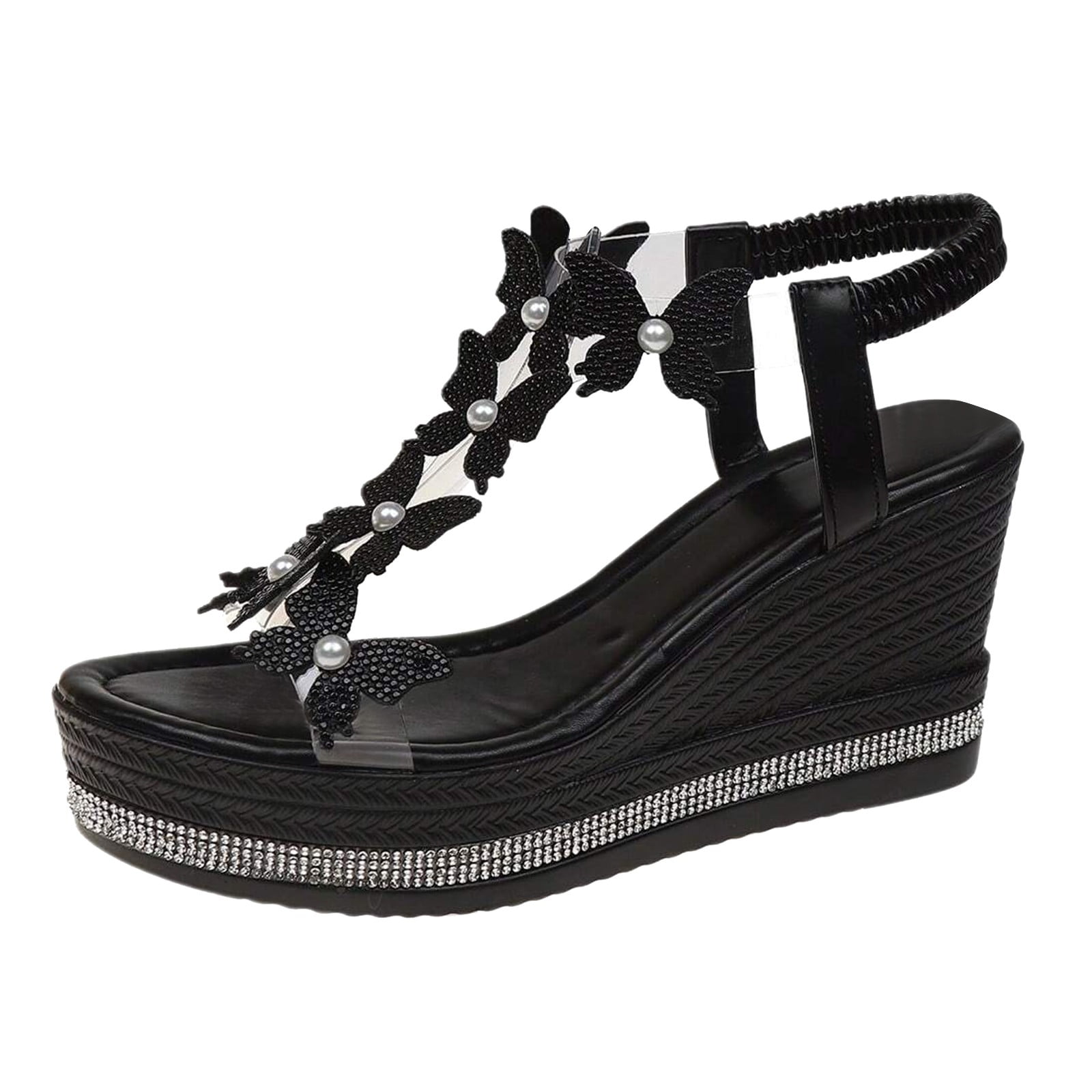 Rukui Women's High Heel Wedge Sandals Fashionable Butterfly Rhinestones ...