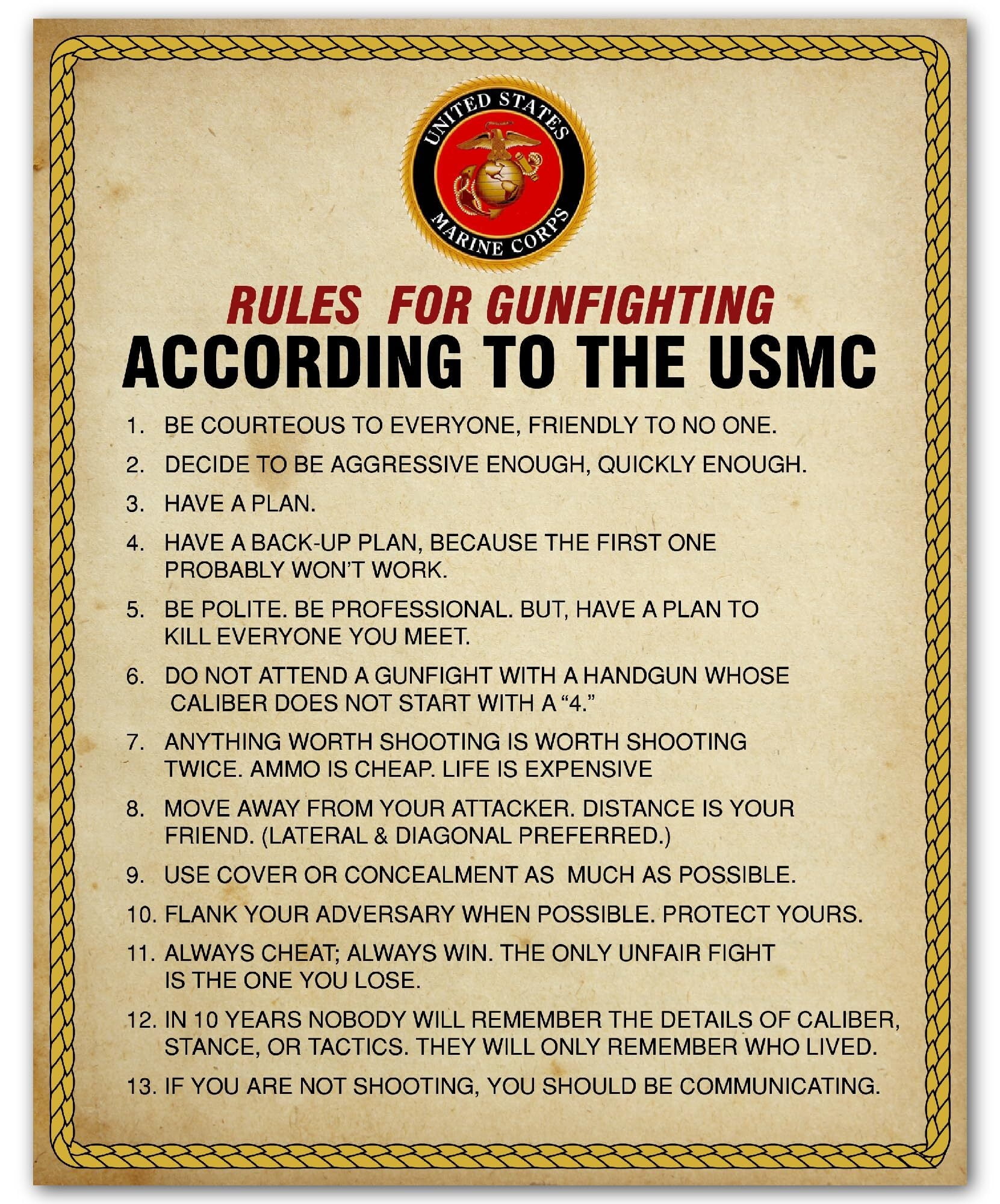Rules For Gun Fighting - USMC Wall Decor Print, Patriotic Military Wall ...
