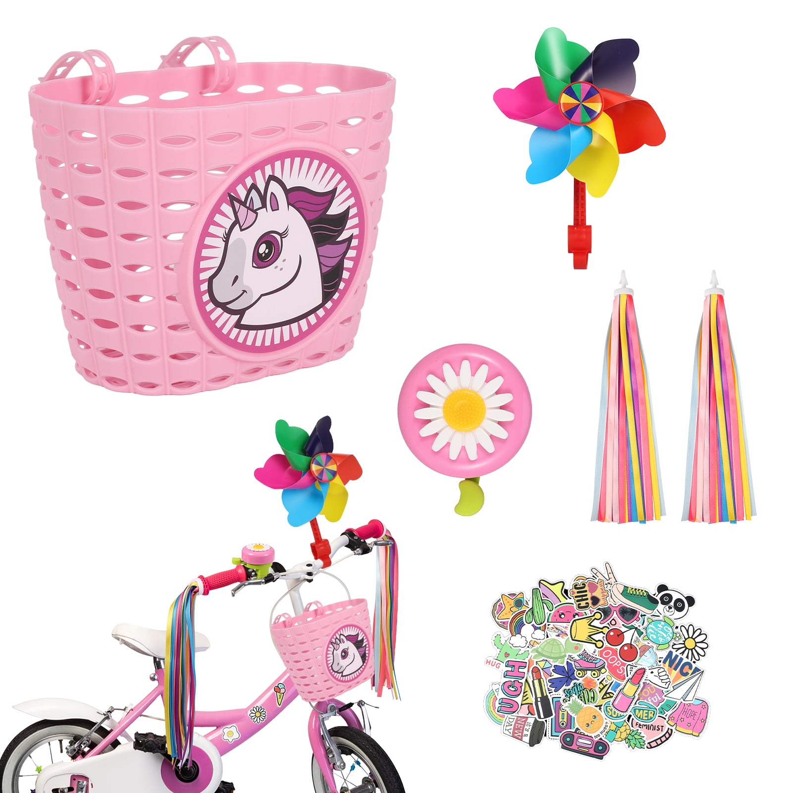 Rumbeast 5Pcs Girl's Bike Decoration Set with Unicorn Wicker Basket ...