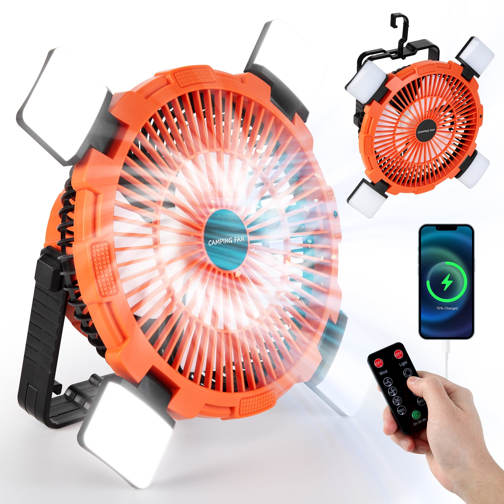 Runacc Outdoor Portable Camping Fan, 8000mAh, LED Lantern, USB ...