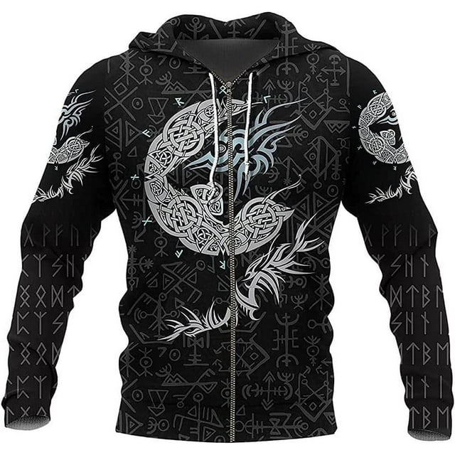 Rune Fenrir Wolf Viking Dragon Raven Tattoo Full Zip Hoodie Norse Mythology 3D Printed Print ...