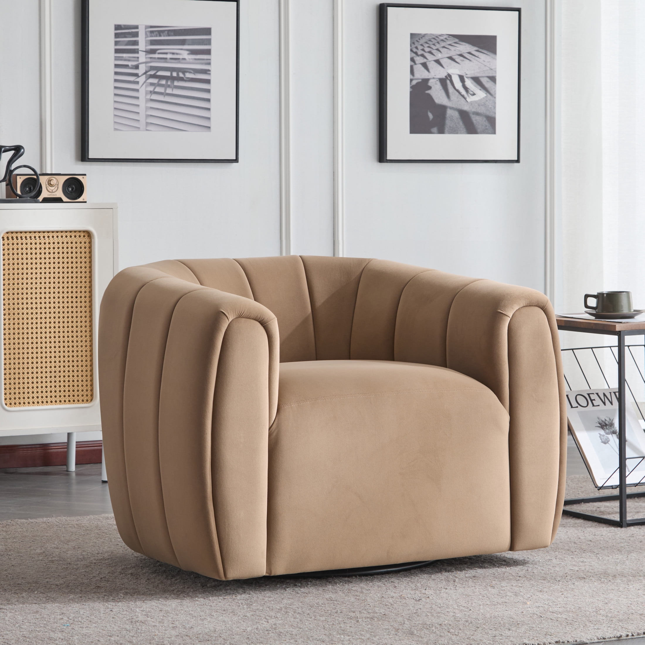Rune Swivel Barrel Club Chair - Velvet Upholstered - Camel - Walmart.com