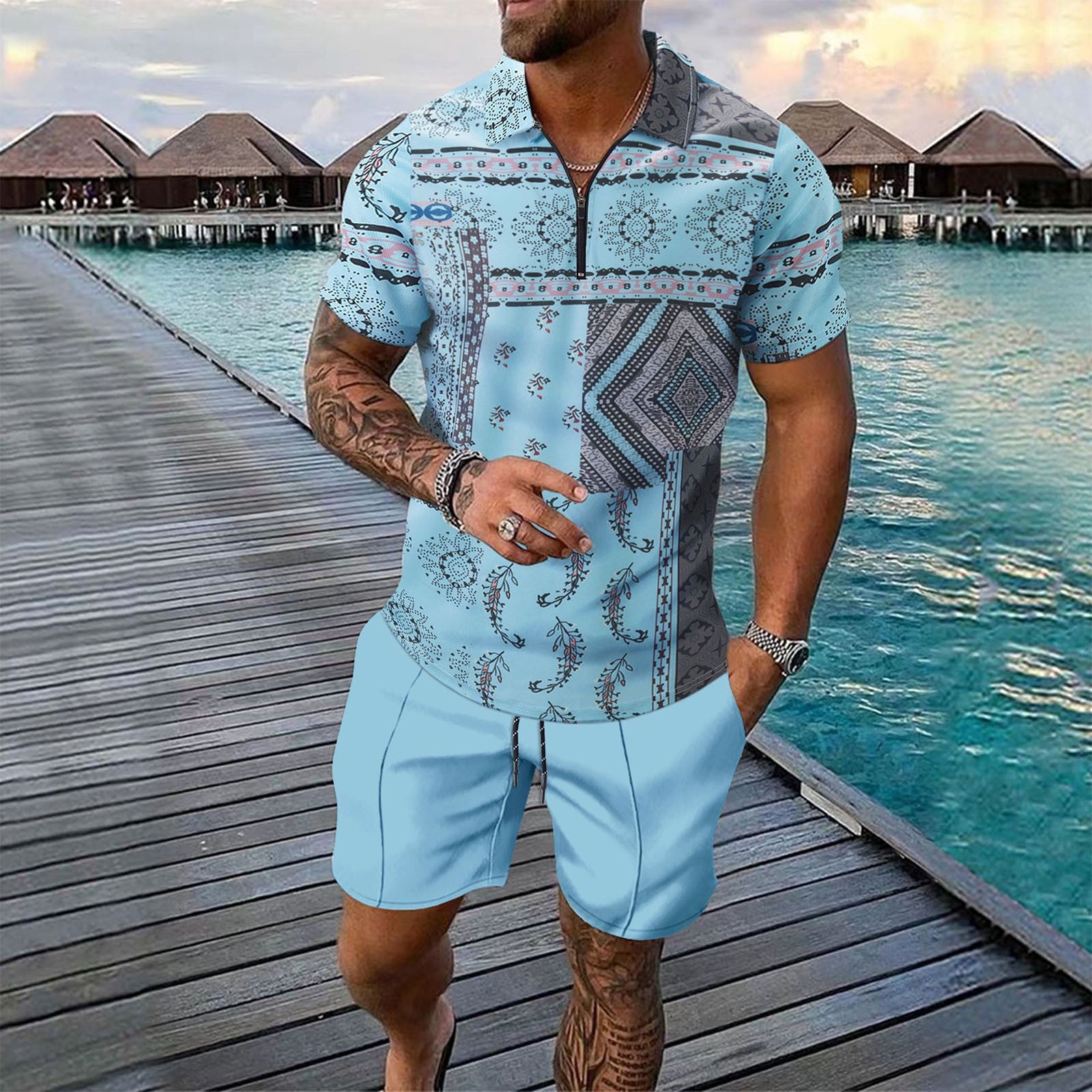Runfenguu Plus Size Beach Outfits, Outfits For Menmen'S Lapel Print Zipper Short-Sleeved Shorts ...