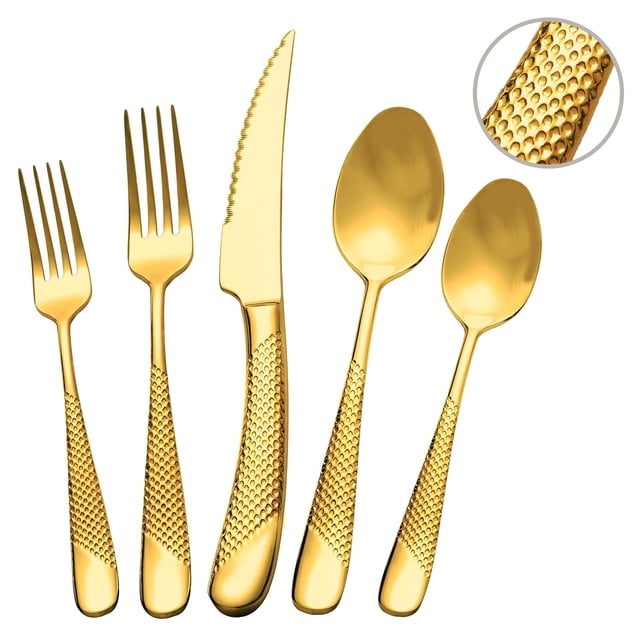 Runfly 20 Piece Hammered Gold Silverware Set, 18/10 Stainless Steel ...