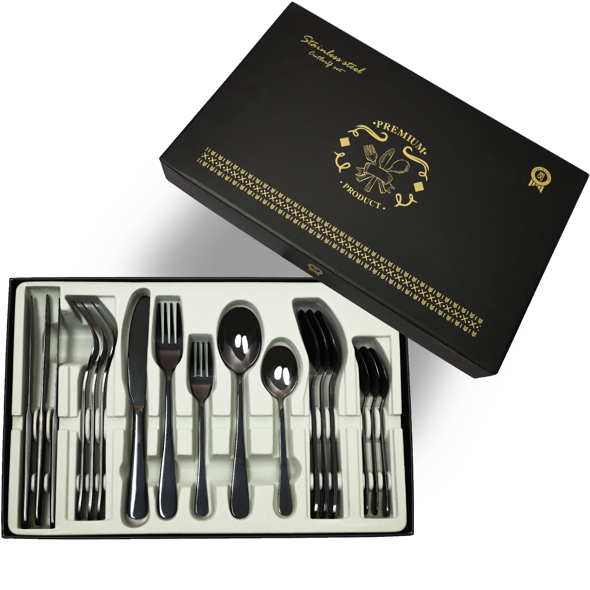 Runfly Modern 20-Piece Stainless Steel Flatware Set, Black Silverware ...
