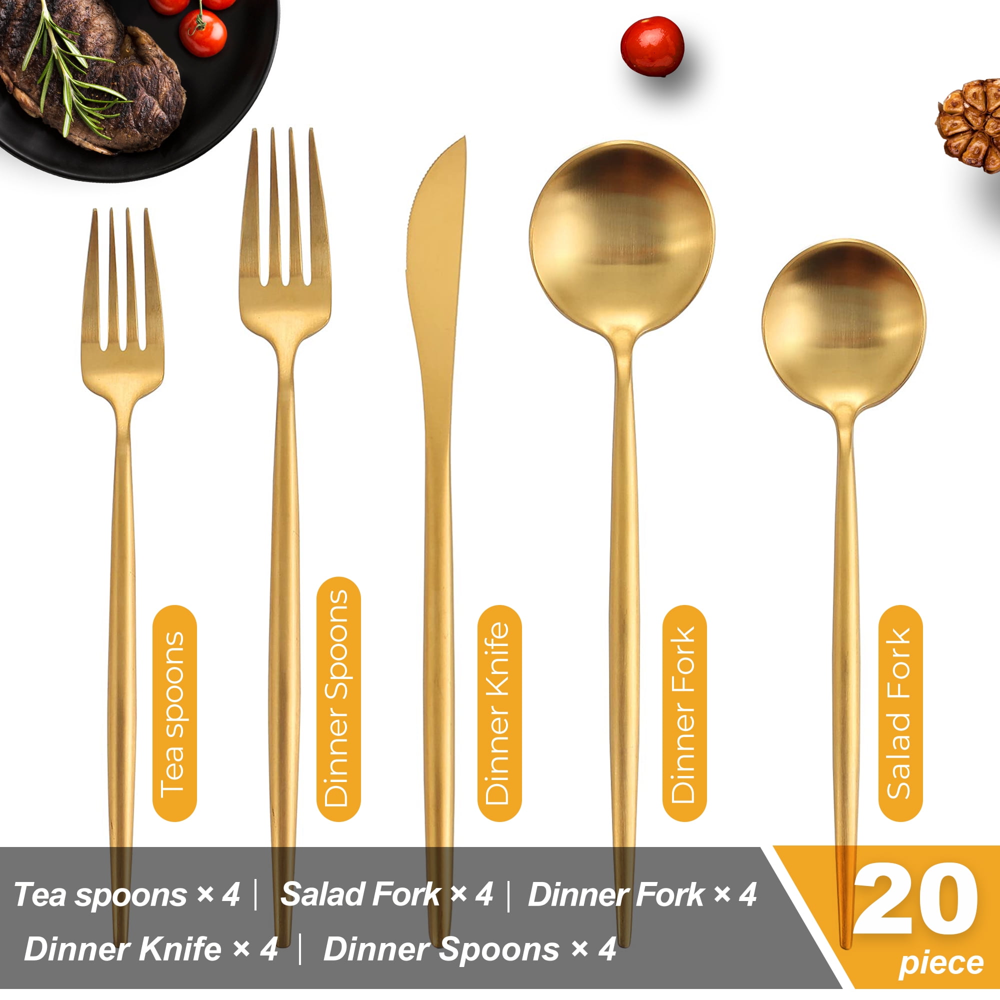 Runfly 20-Piece Stainless Steel Flatware Set: Fancy Matte Gold Silverware, Heavy-duty for ...