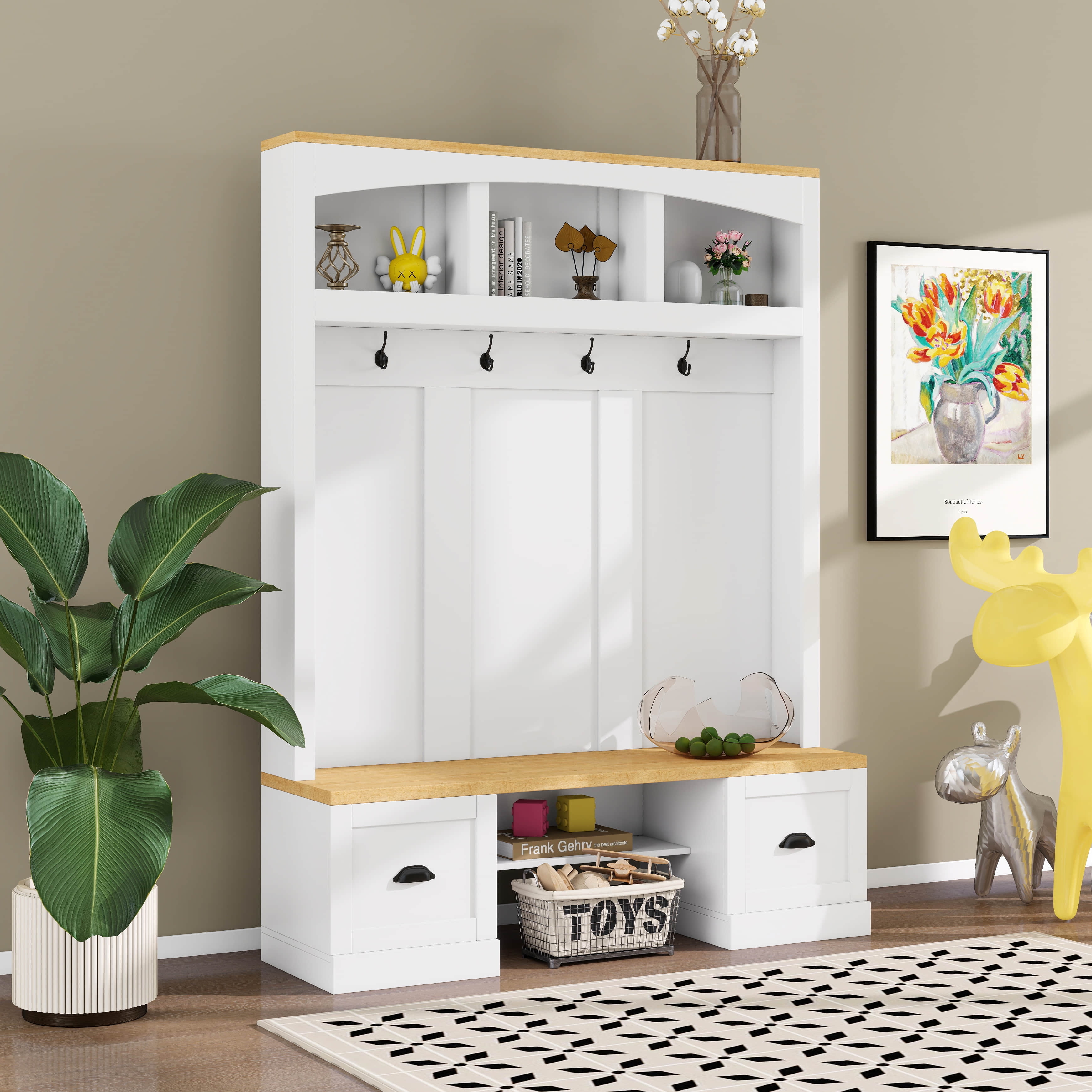 Runforrest Farmhouse 4-in-1 Hall Tree with Wood Grain Bench and Top ...