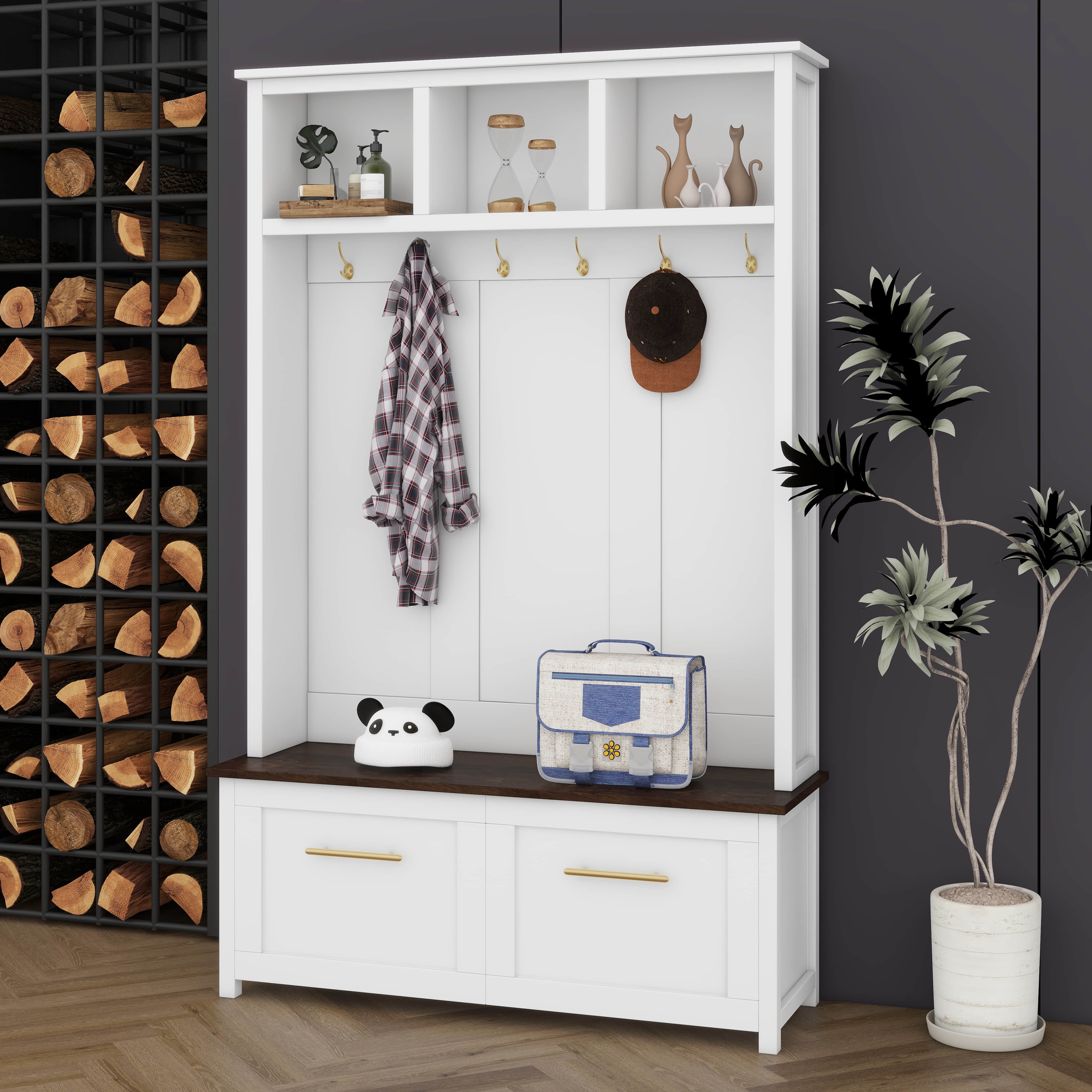 Runforrest Versatile 4-in-1 Hall Tree with 6 Golden Hooks, Brown Bench ...