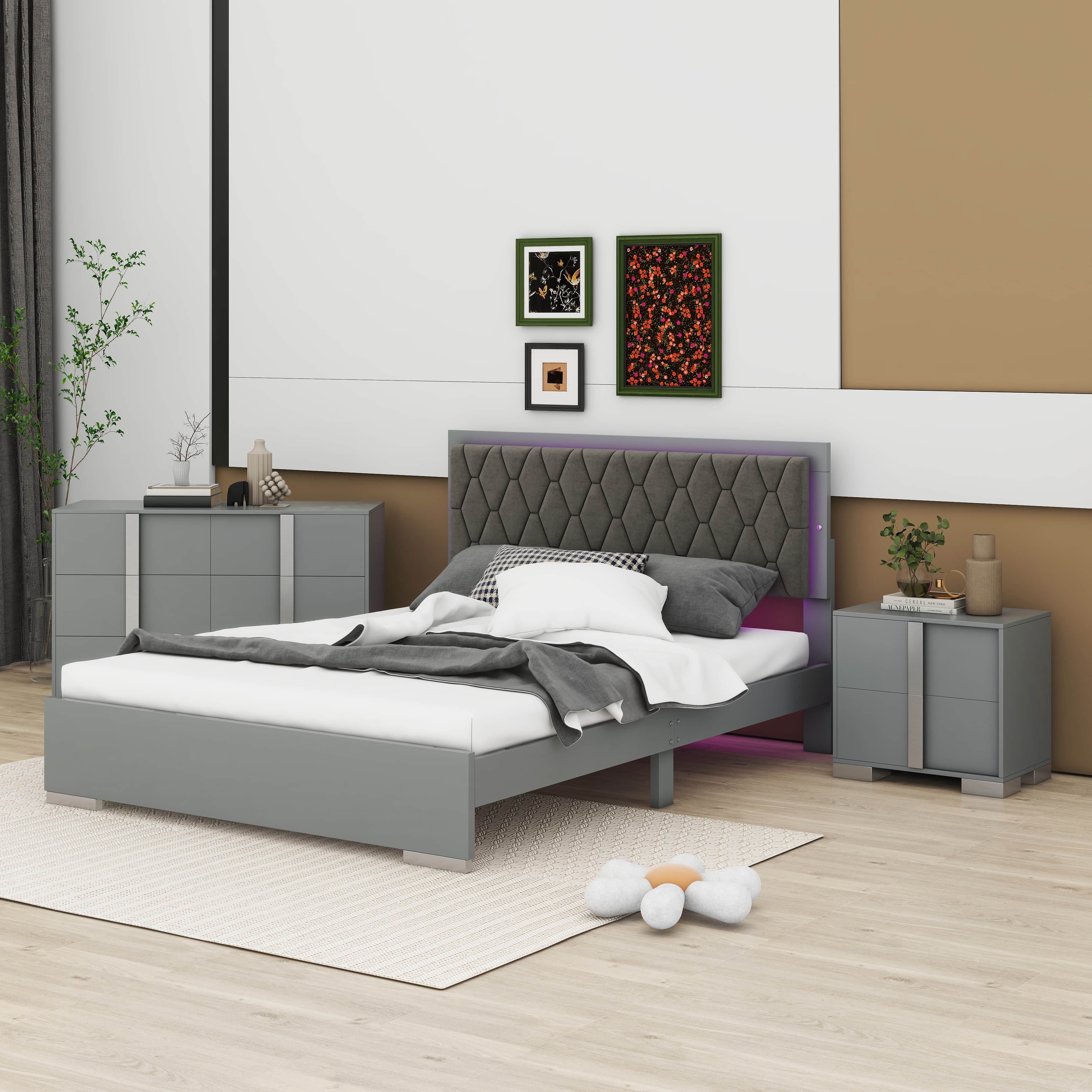 Runforrrs 4-Pieces Wooden Bedroom Sets Queen Size Upholstered Bed with ...