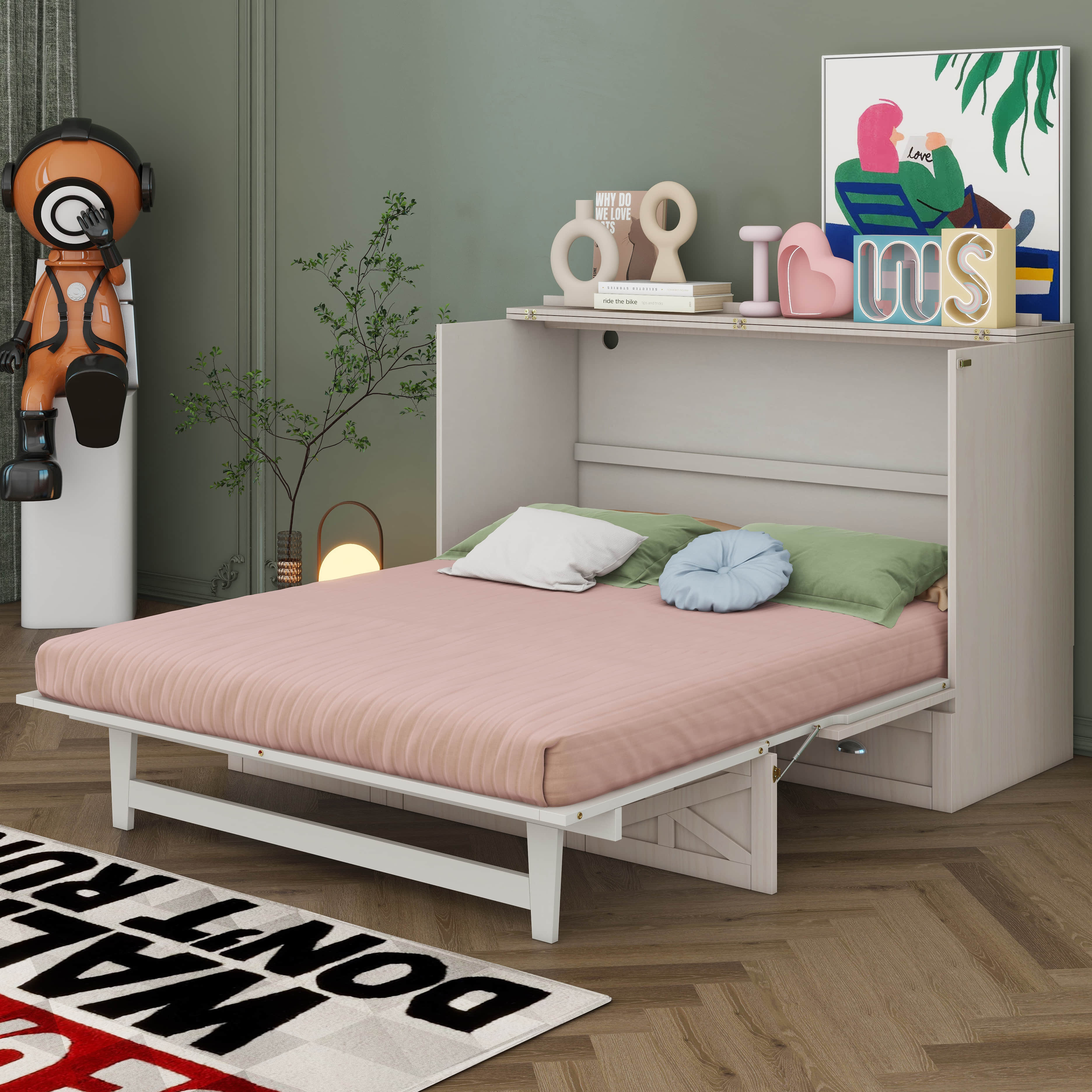 Runforrrs Full Murphy Bed with Large Drawers,Space Saving,Brushed White ...