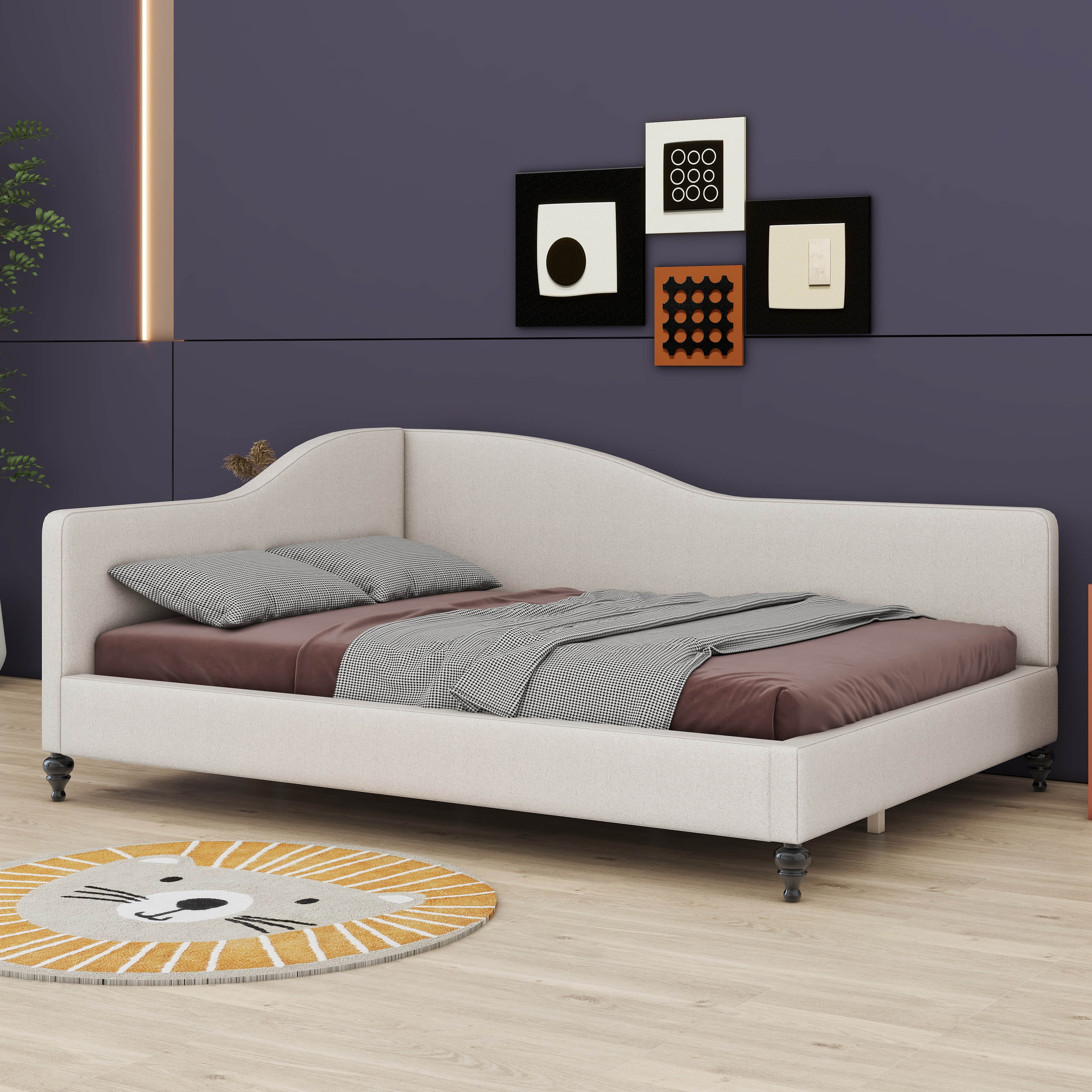 Runforrrs Full Size Beige Color L-Shaped Linen Upholstered Daybed with ...