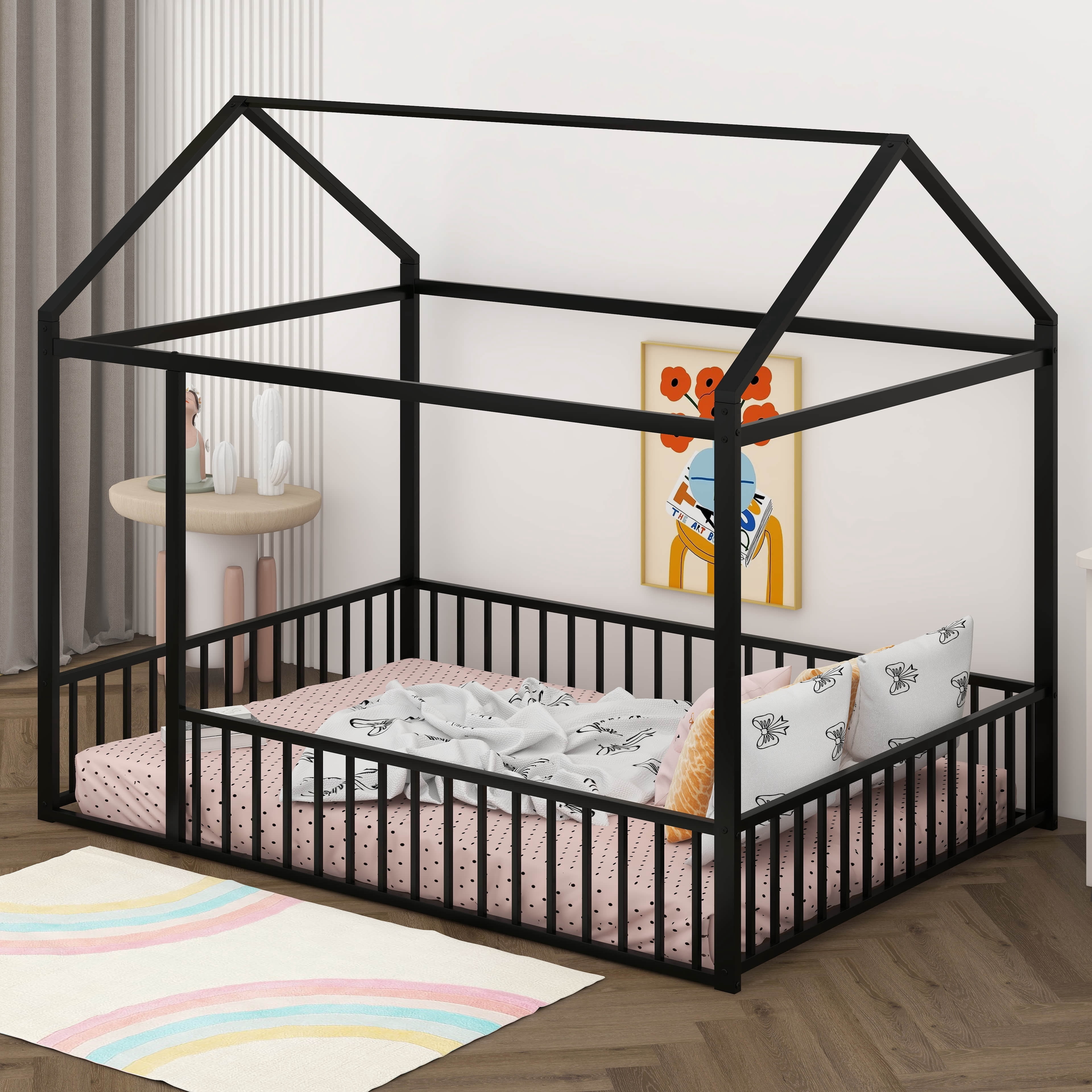 Runforrrs Full Size Black Color Metal House Bed Frame with Fence ...