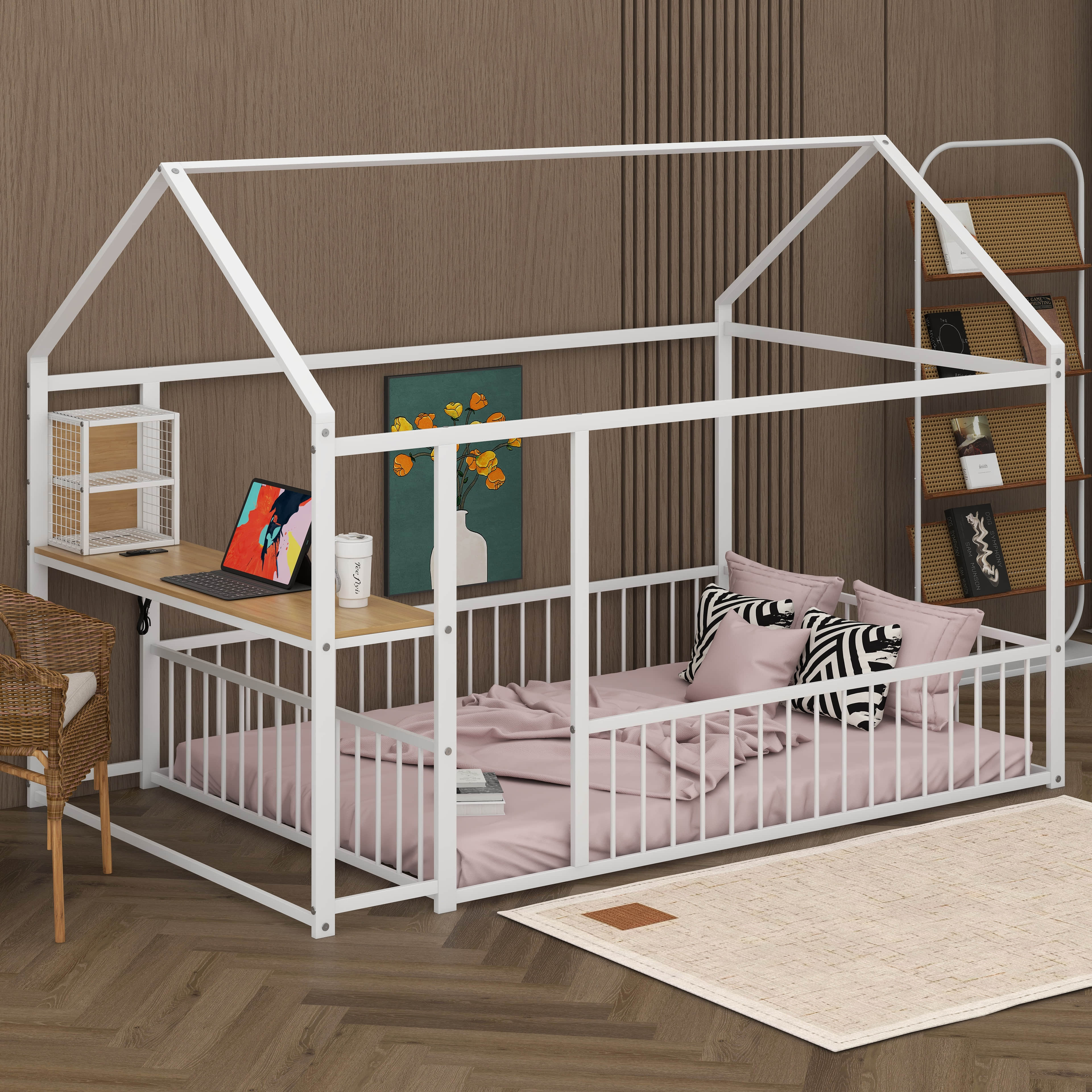Runforrrs Full Size Black Metal House Bed Frame with Desk, Shelves ...