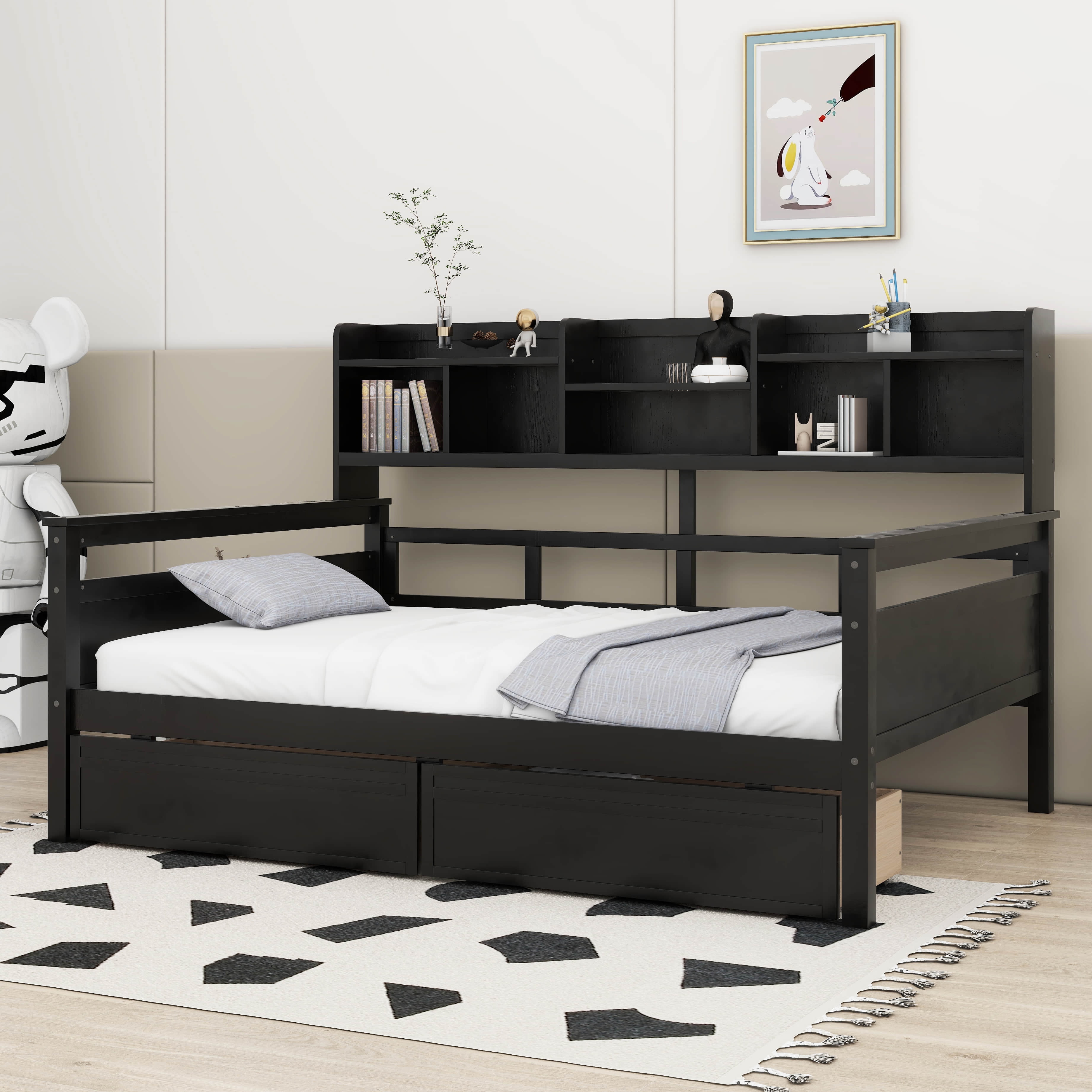Runforrrs Full Size Espresso Color Daybed with Bedside Shelves and Two Drawers, Wood Slat ...