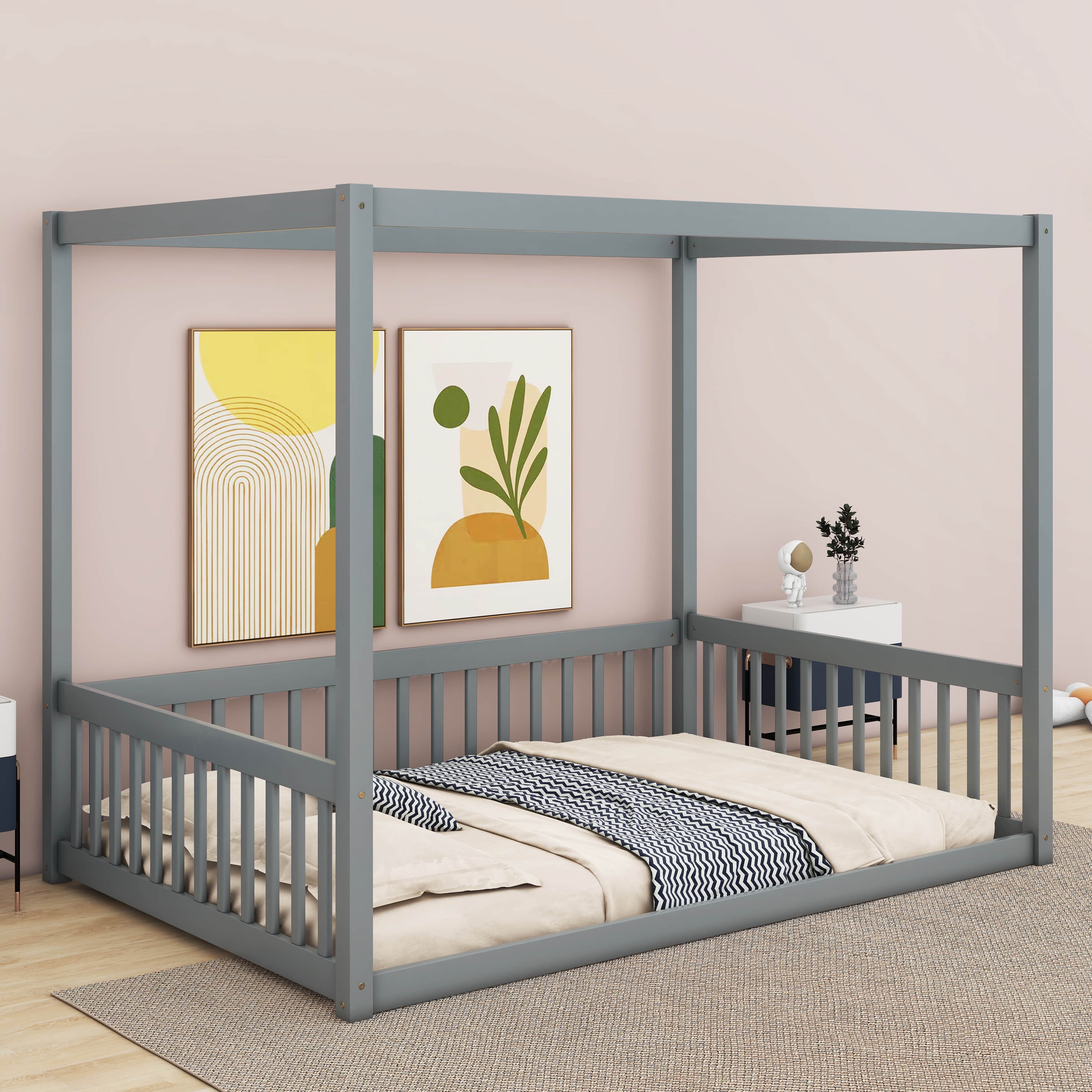 Runforrrs Full Size Gray Color Canopy Frame Floor Bed with Fence and Guardrails - Walmart.com