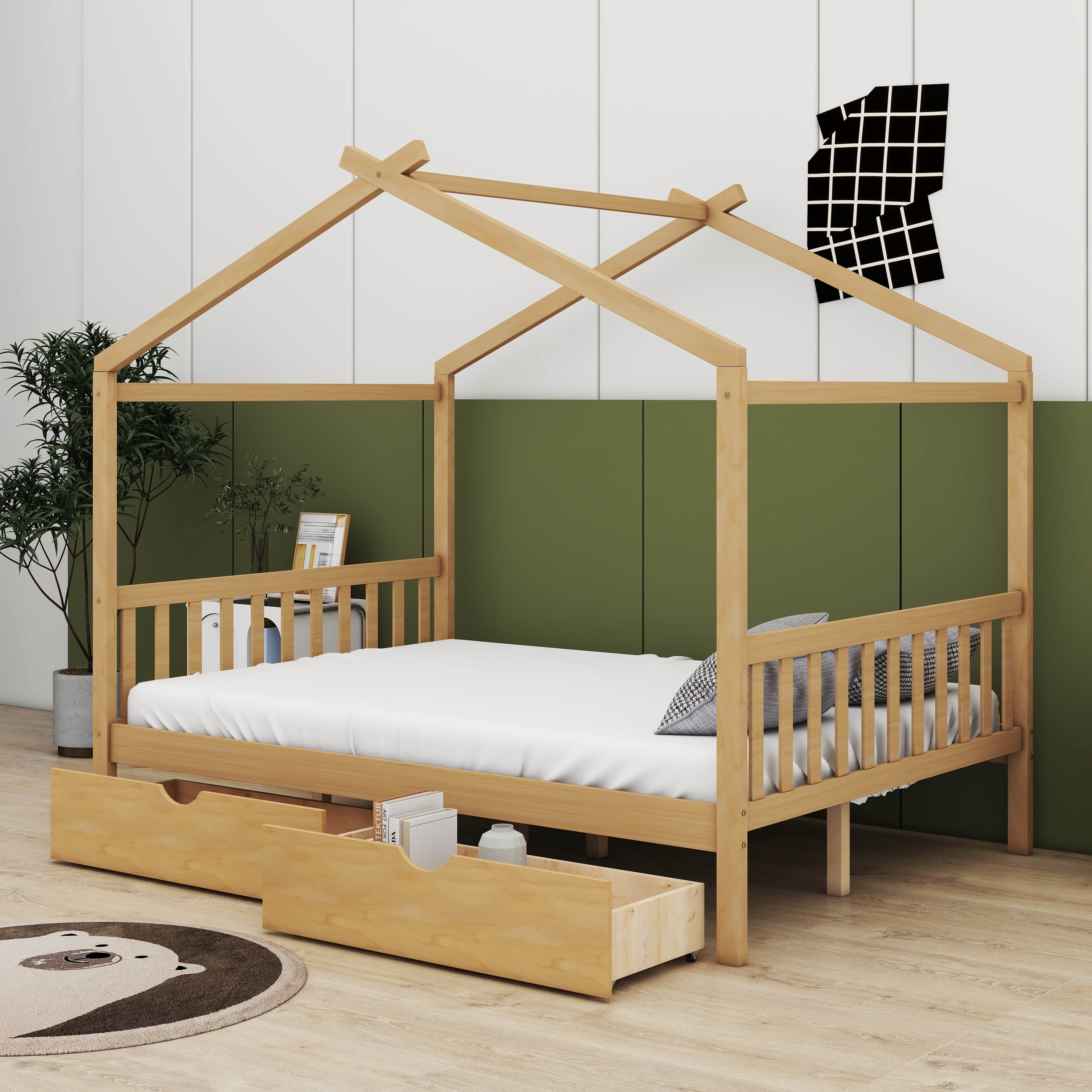 Runforrrs Full Size House Roof Design Platform Bed with Two Drawers ...
