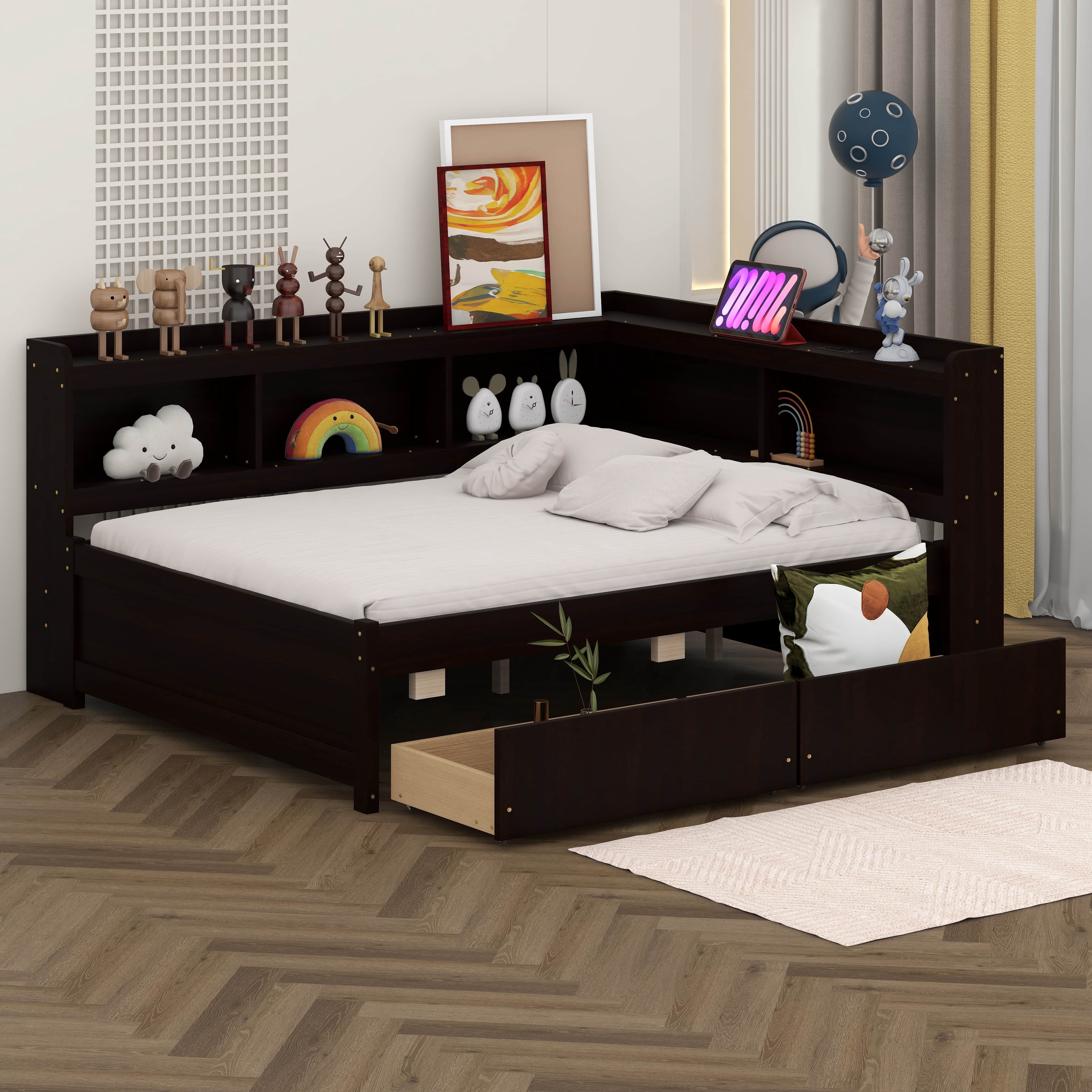 Runforrrs Full Size L-shaped Espresso Color Bookcases Bed with Power ...
