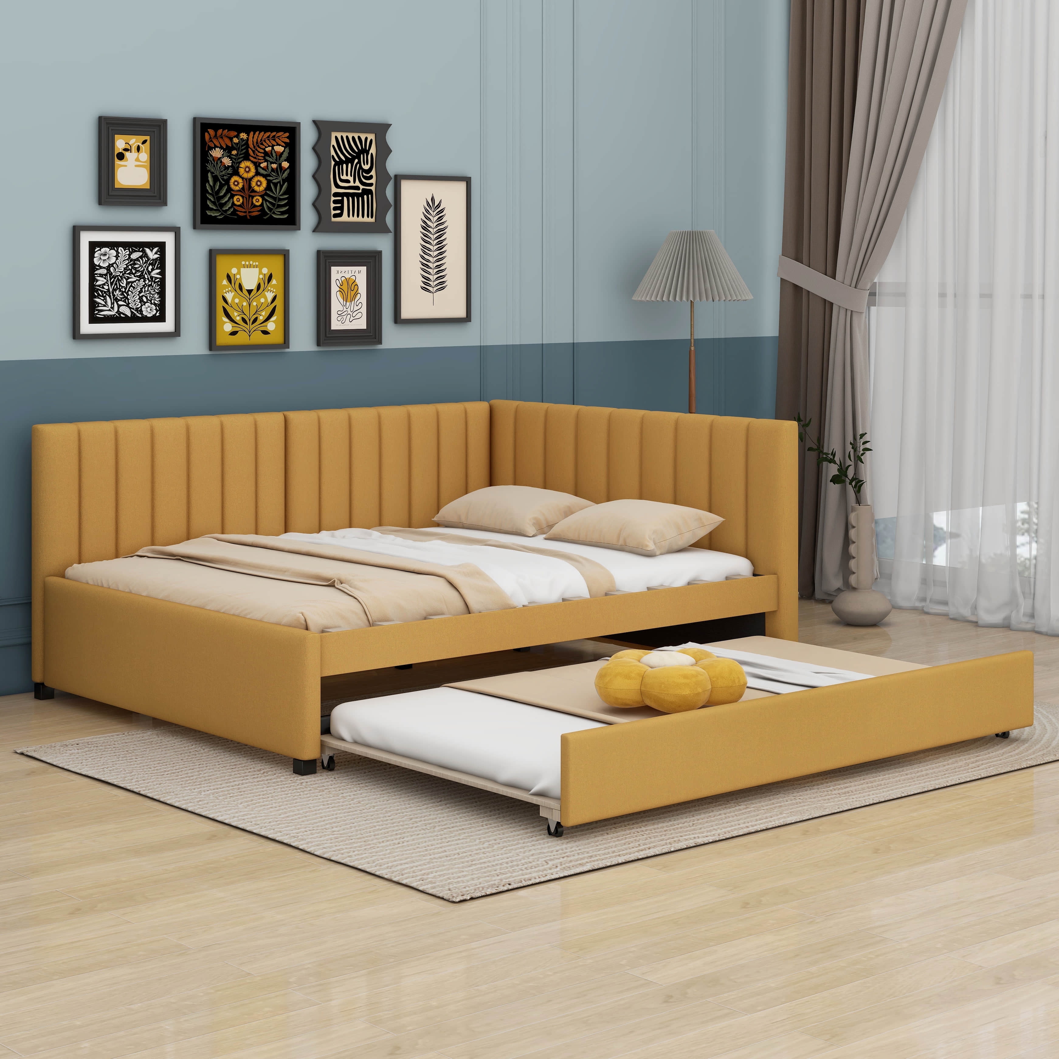 Runforrrs Full Size Linen Fabric Upholstered Daybed with Trundle Bed ...