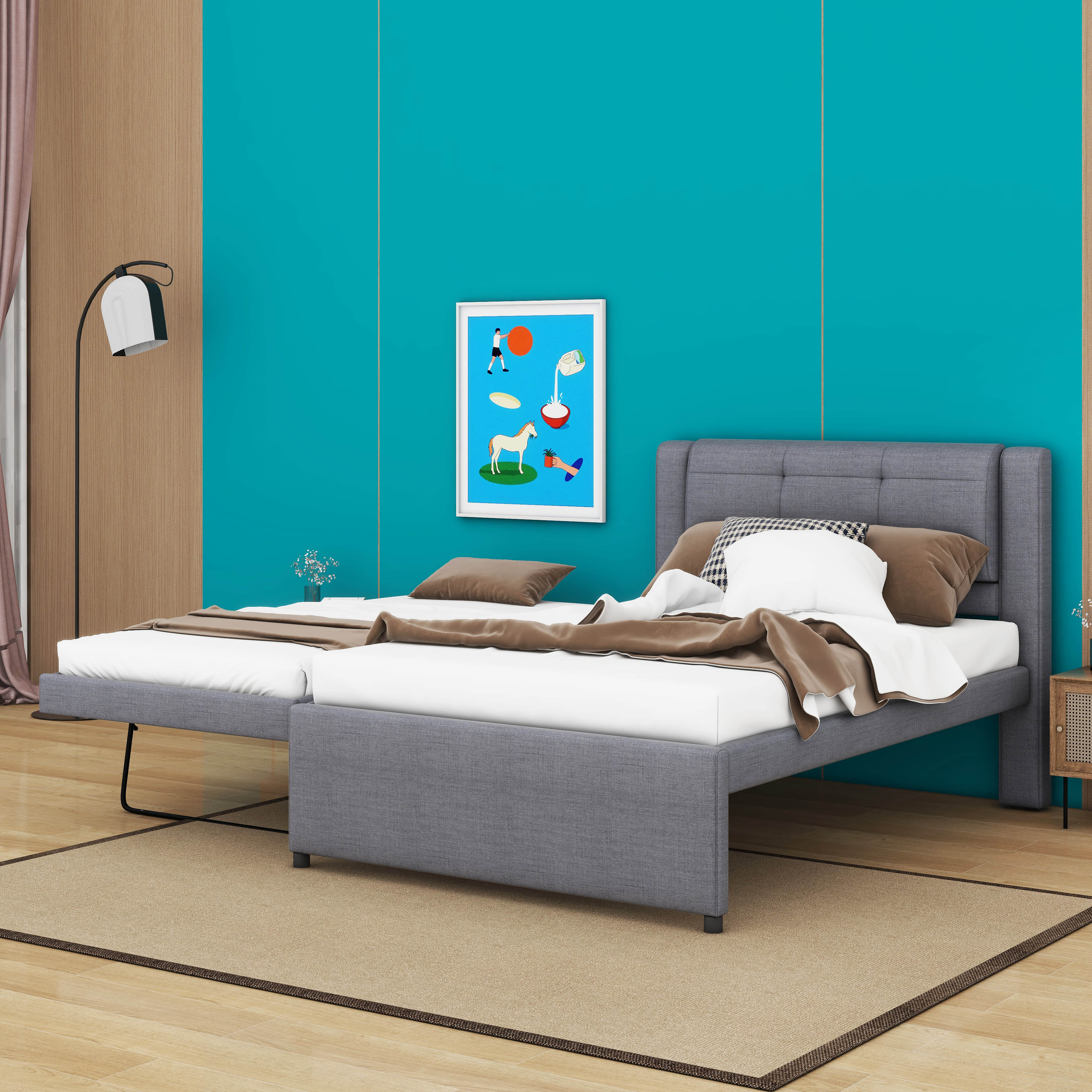 Runforrrs Full Size Linen Upholstered Platform Bed with Trundle,Trundle ...