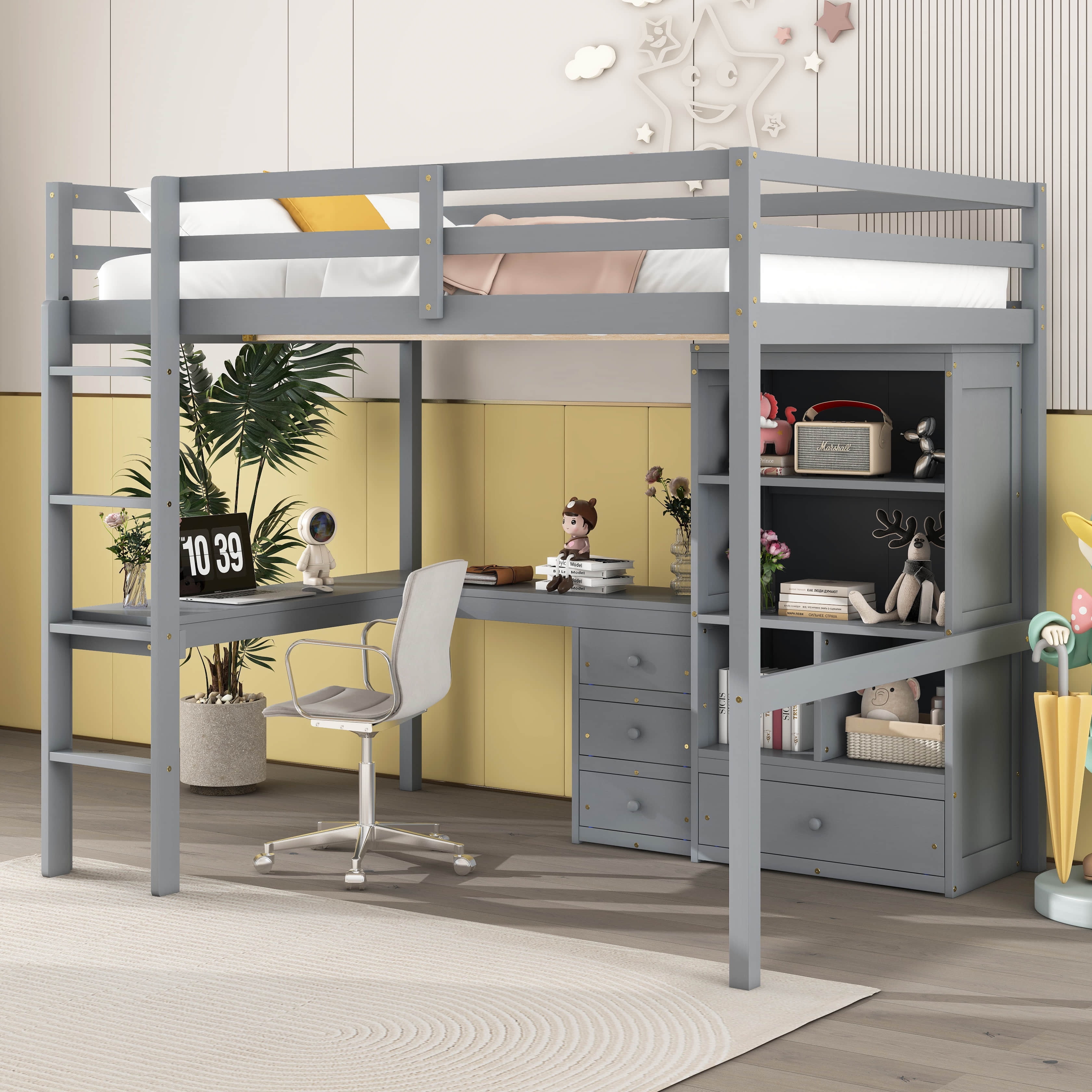 Runforrrs Full Size Loft Wooden Bed, Desk, Storage Shelves,Drawers ...