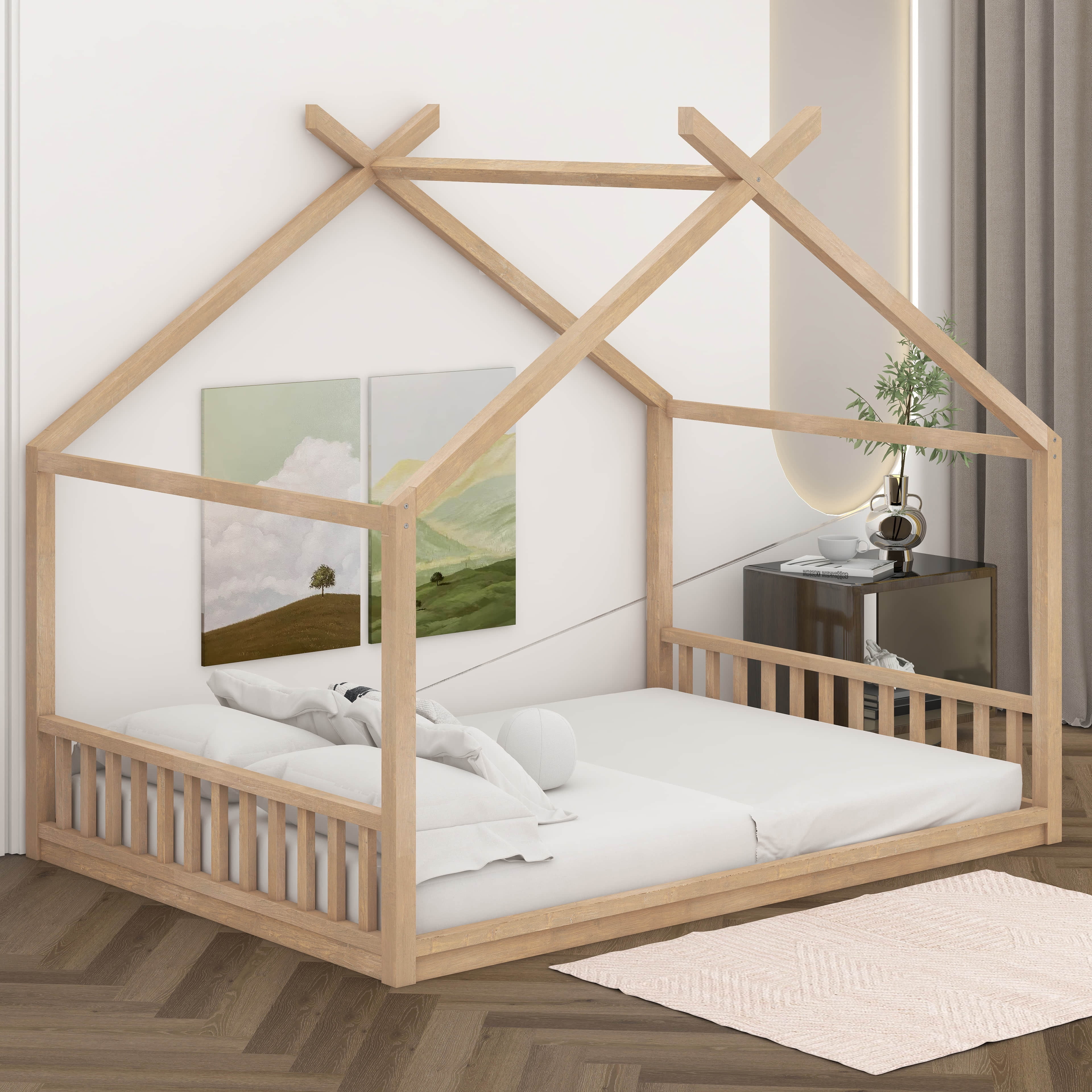 Runforrrs Full Size Natural Color Bed for Kids, Wooden Fence Floor Bed ...