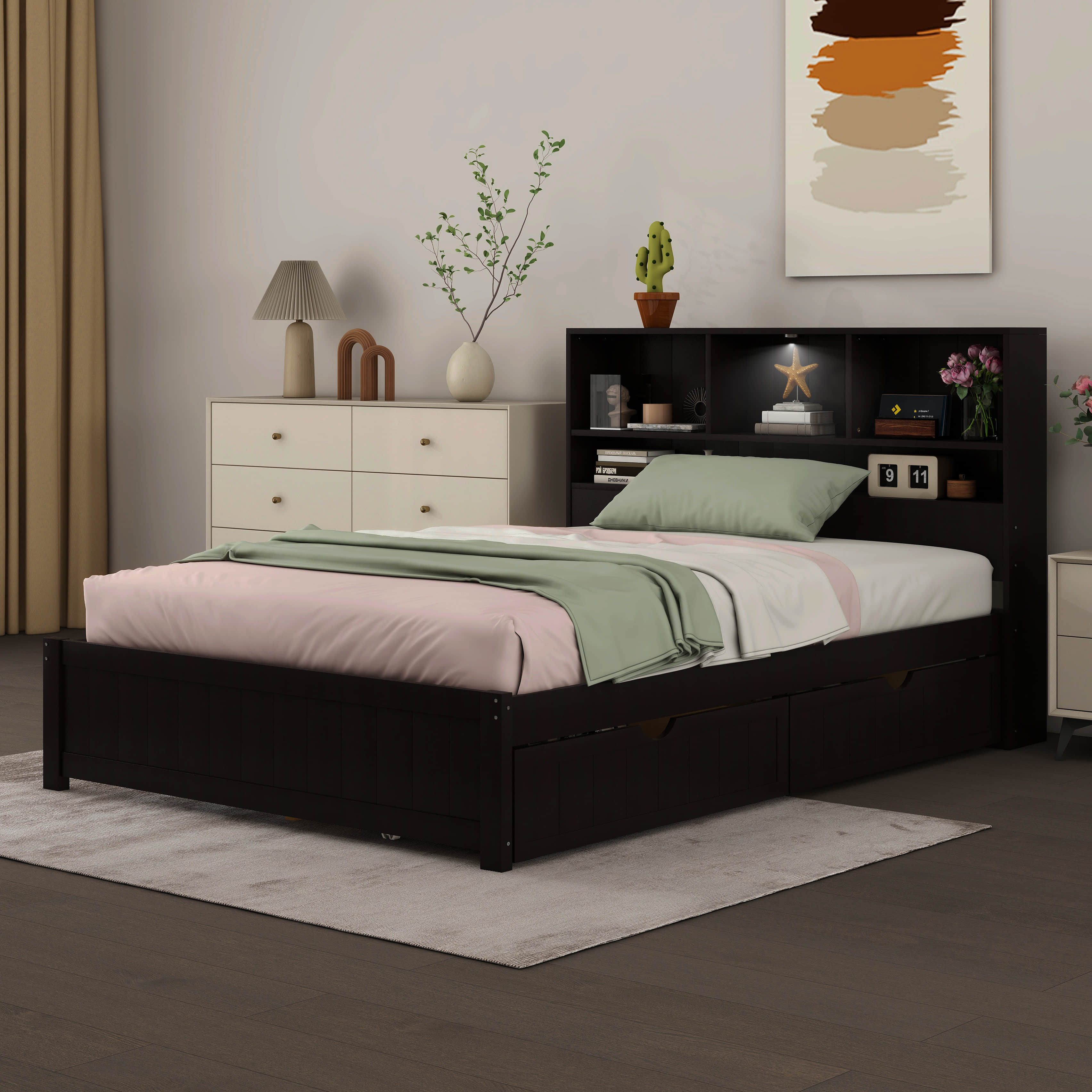 Runforrrs Full Size Solid Wood Platform Bed with Bookcase Headboard ...