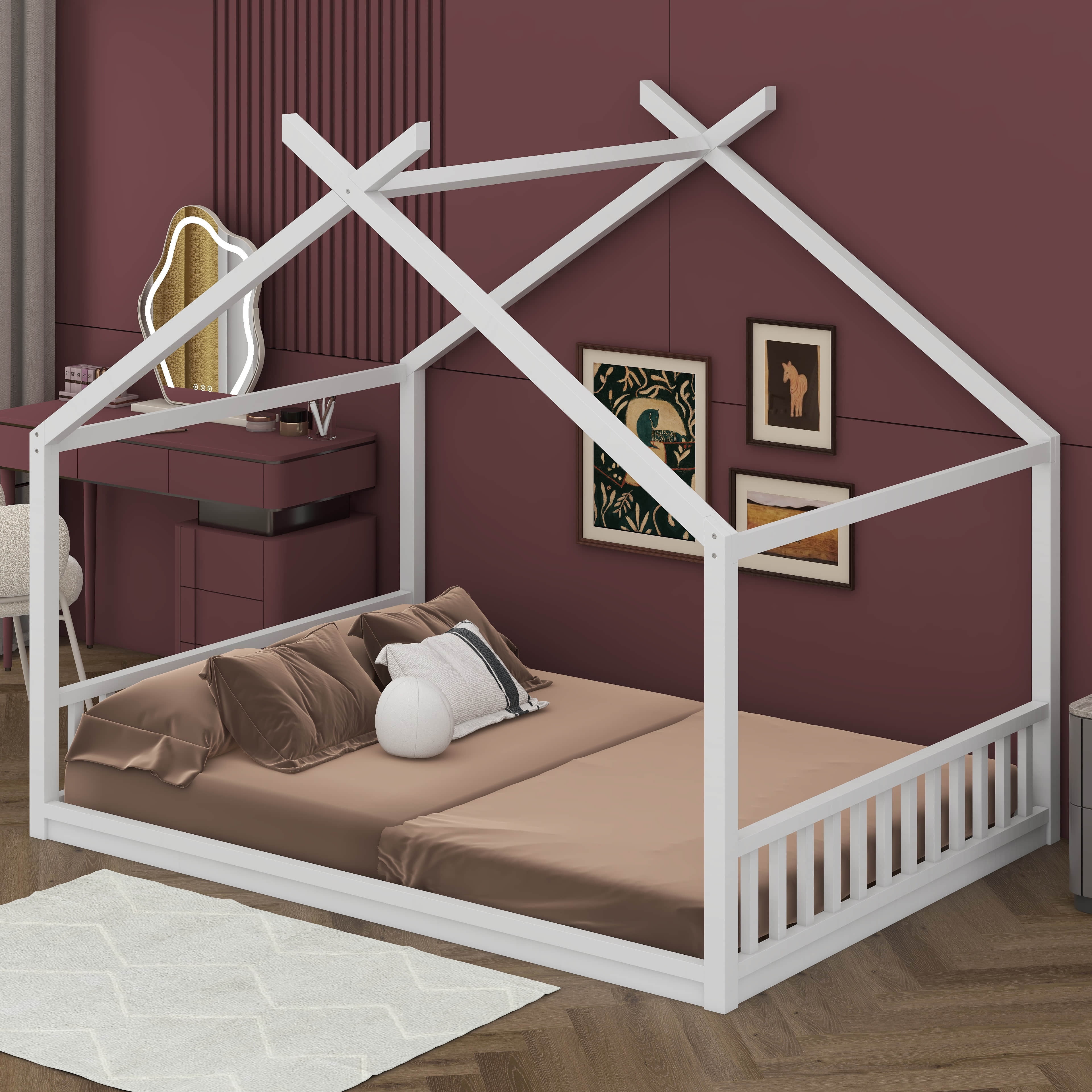 Runforrrs Full Size White Color Bed for Kids, Wooden Fence Floor Bed ...
