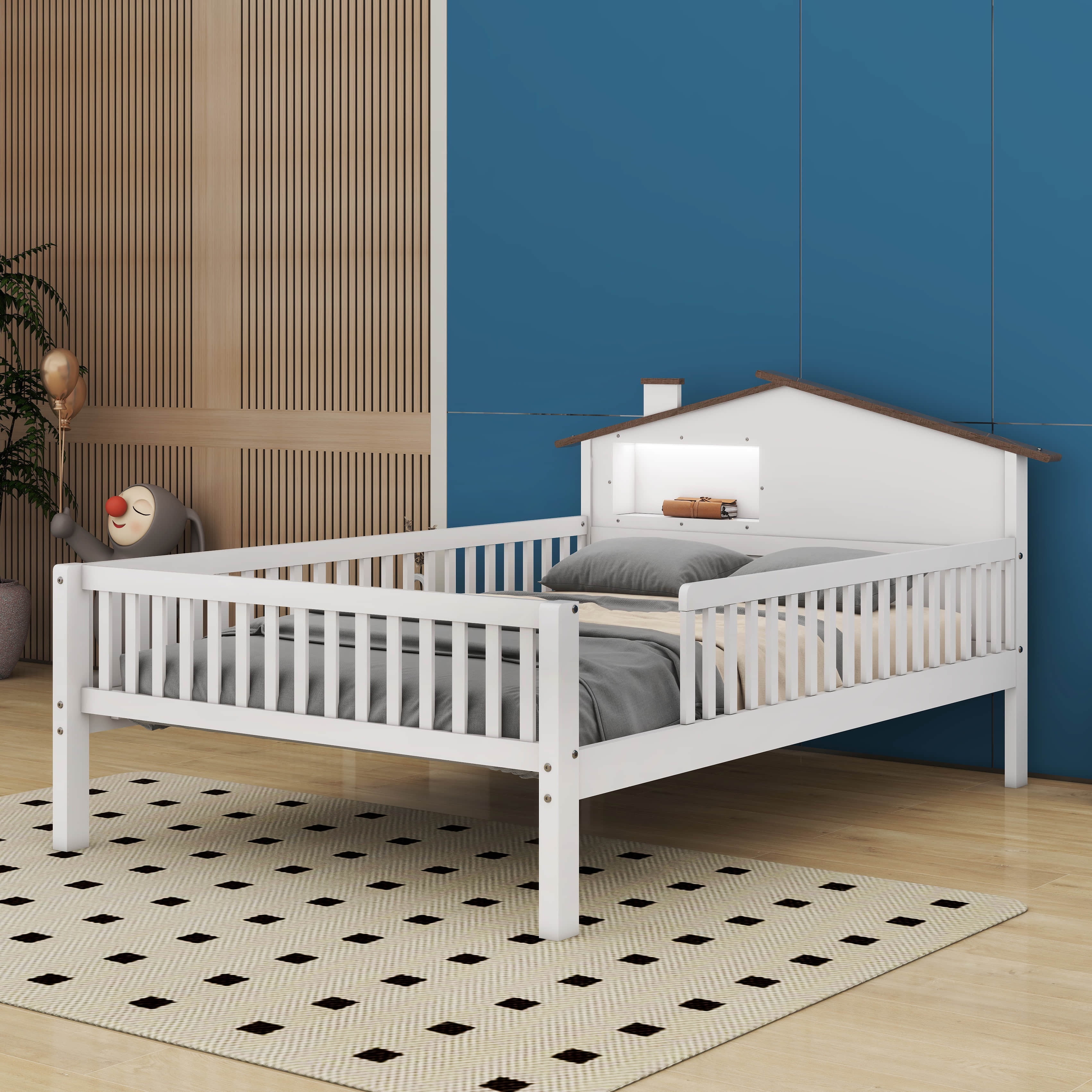 Runforrrs Full Size White Color Solid Wood Platform Bed with House ...