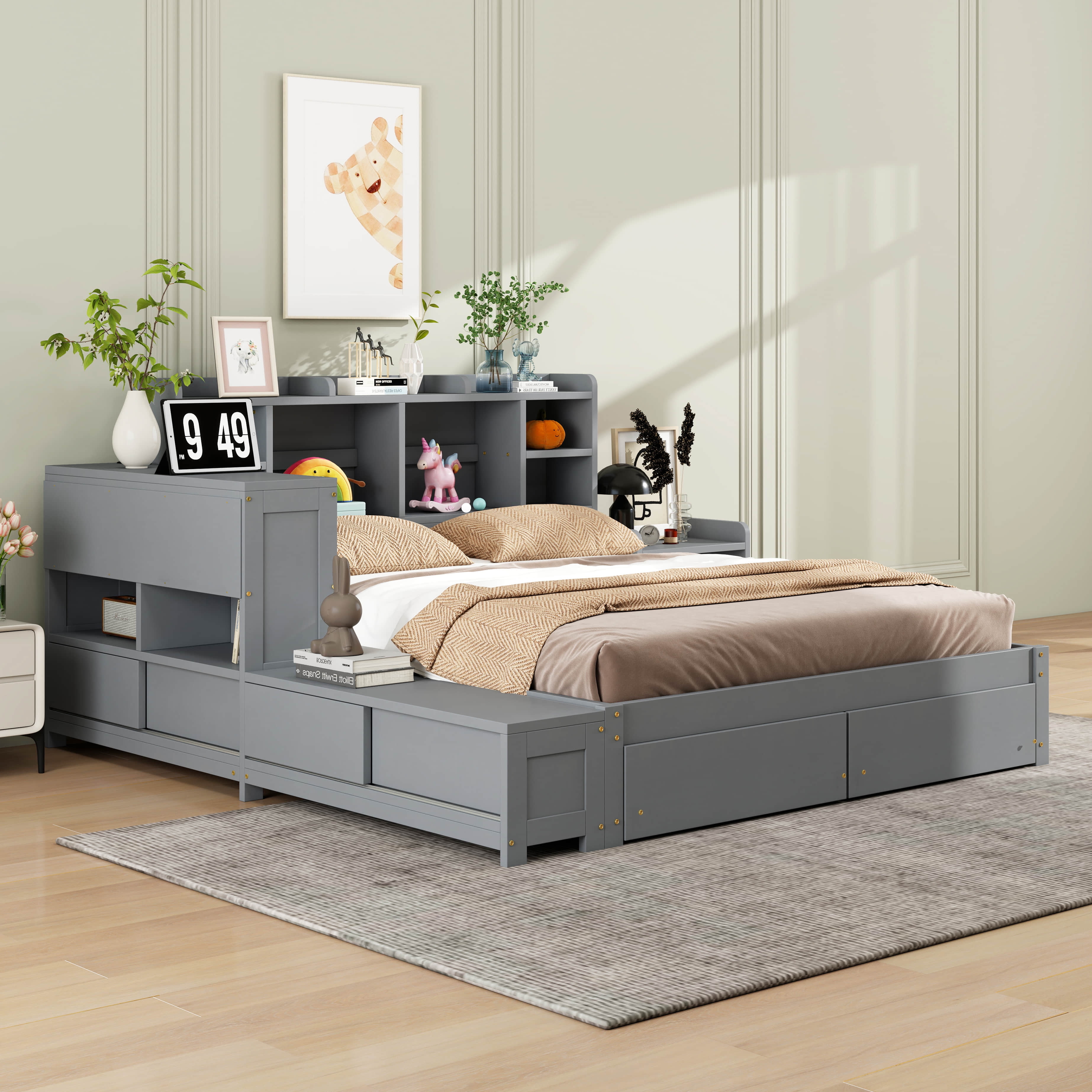 Runforrrs Full Size Wooden Platform Bed with Multipurpose Storage ...