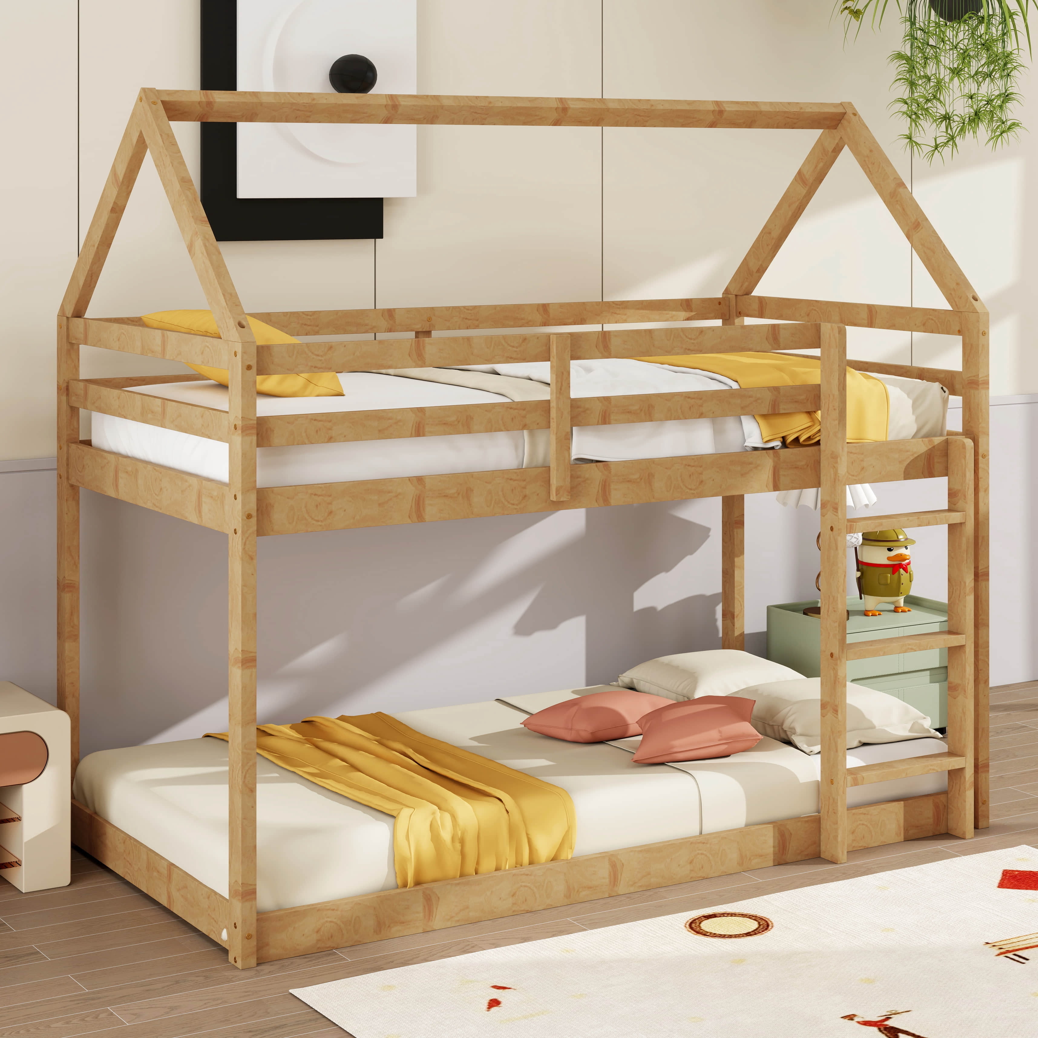 Runforrrs House-Shaped Wooden Floor Bunk Bed with Ladder, Guardrails ...