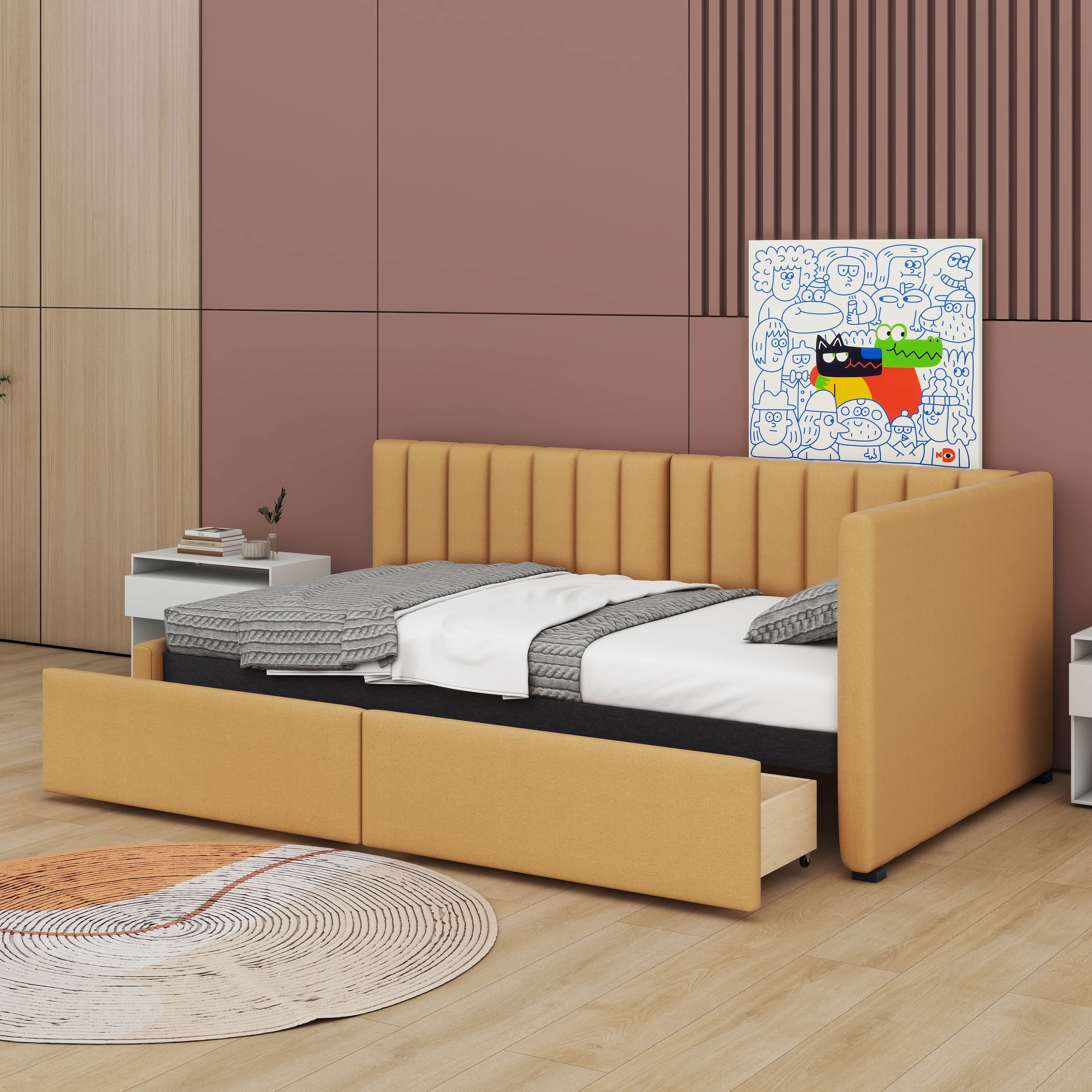 Runforrrs Linen Fabric Upholstered Daybed with 2 Storage Drawers, Twin ...