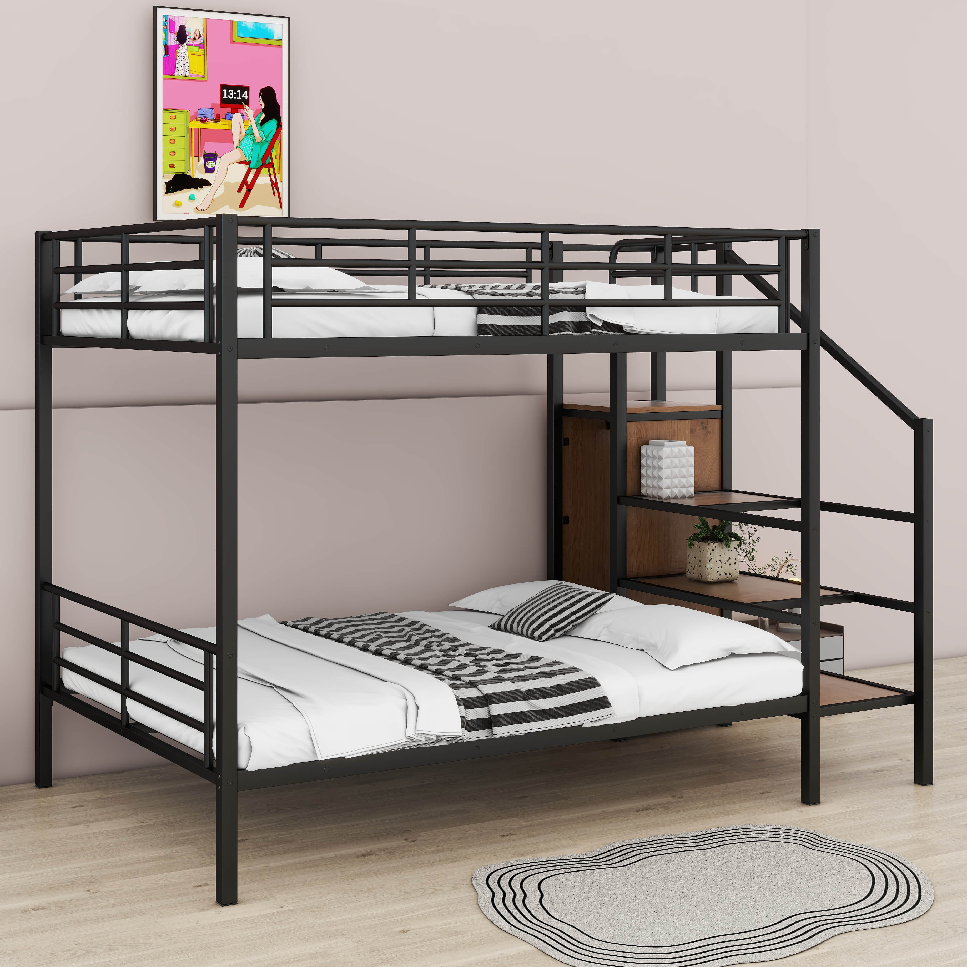 Runforrrs Metal Full Over Full Size Bunk Bed with Lateral Storage ...