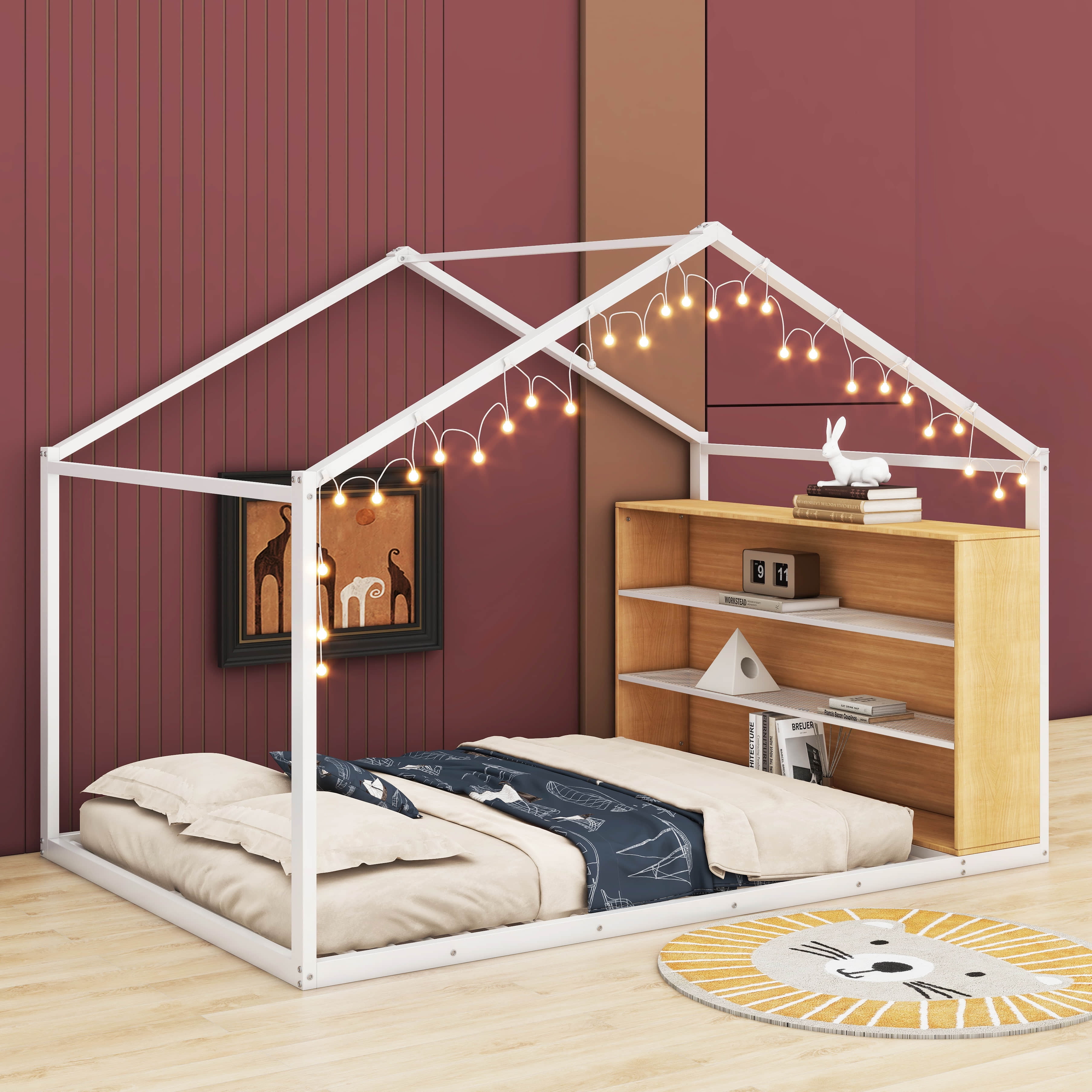 Runforrrs Metal Full Size White Color Bed House Bed Frame with Shelves ...