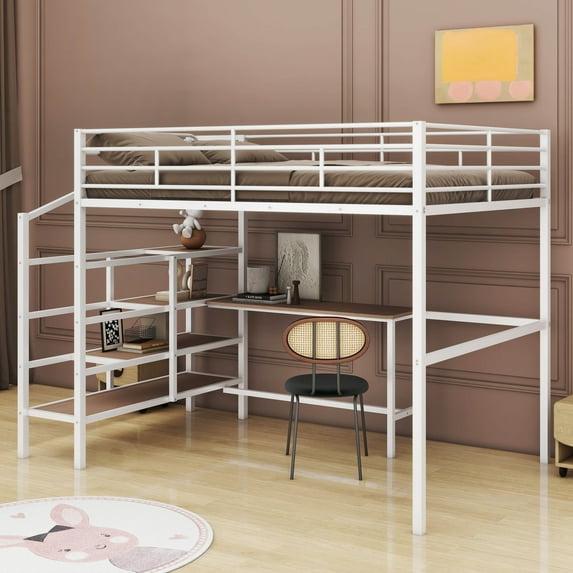 Runforrrs Metal Full Size White Color Loft Bed with Desk and Lateral ...