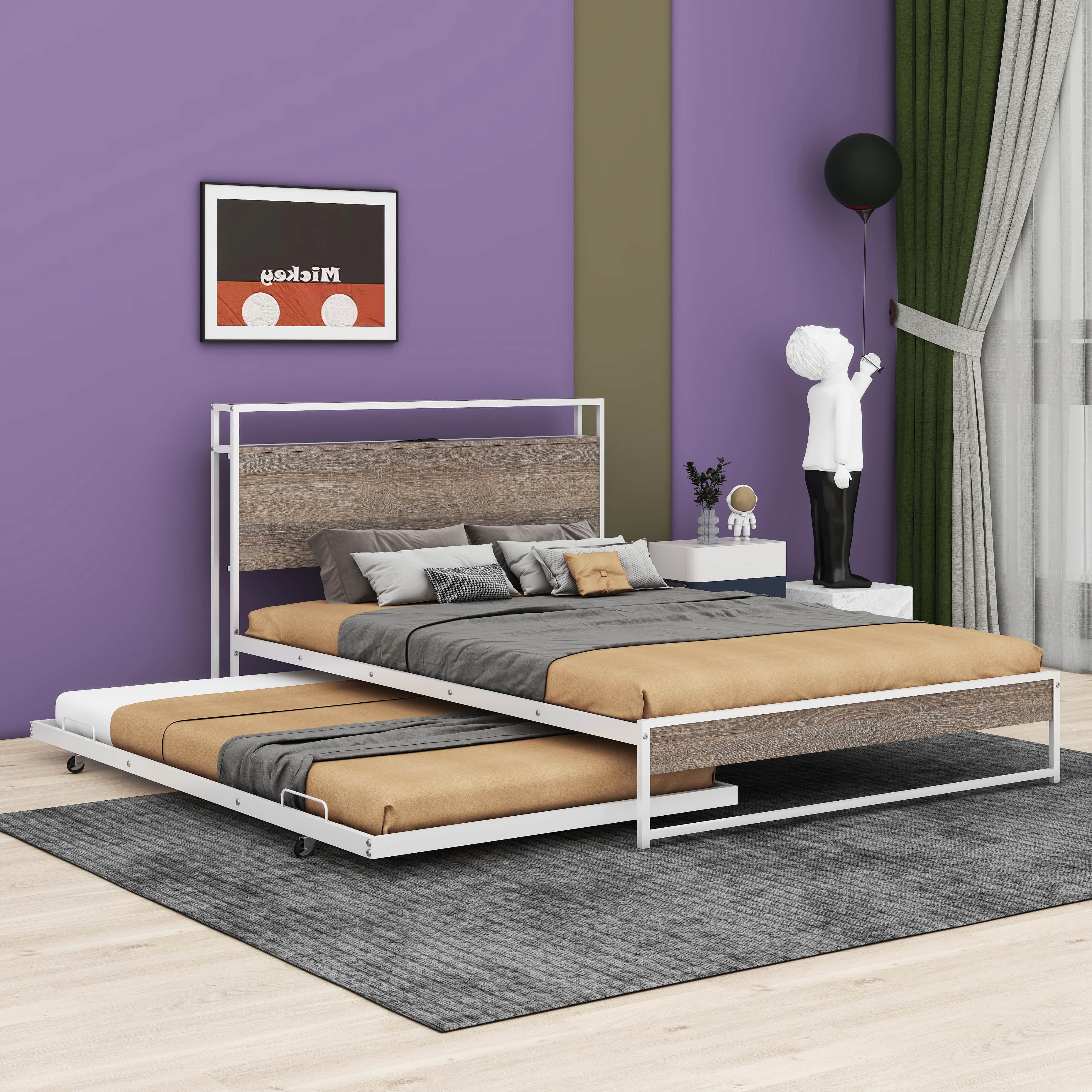 Runforrrs Metal Full Size White Color Platform Bed Frame with Trundle ...
