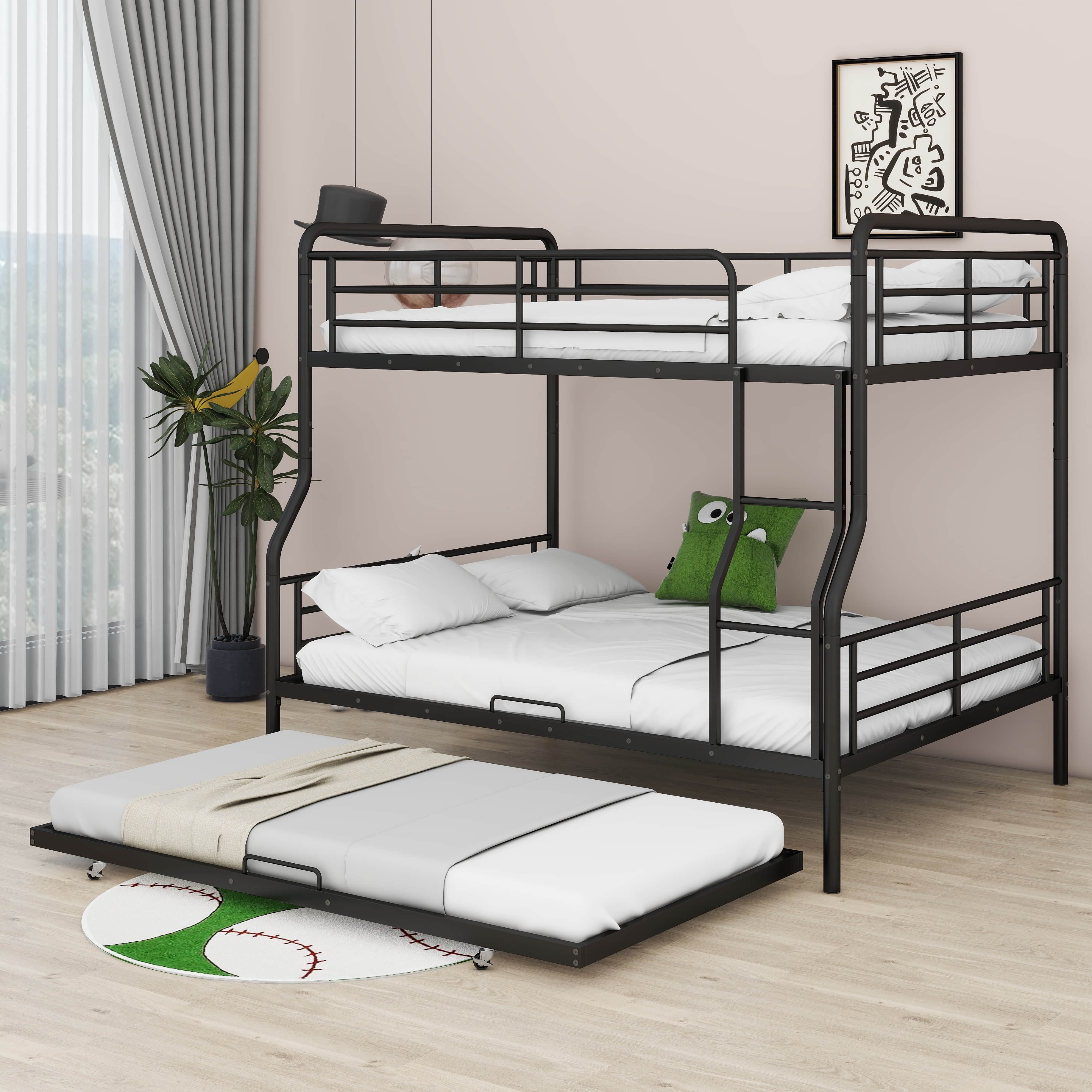 Runforrrs Metal Full XL Over Queen Size Bunk Bed with Twin Size Trundle ...