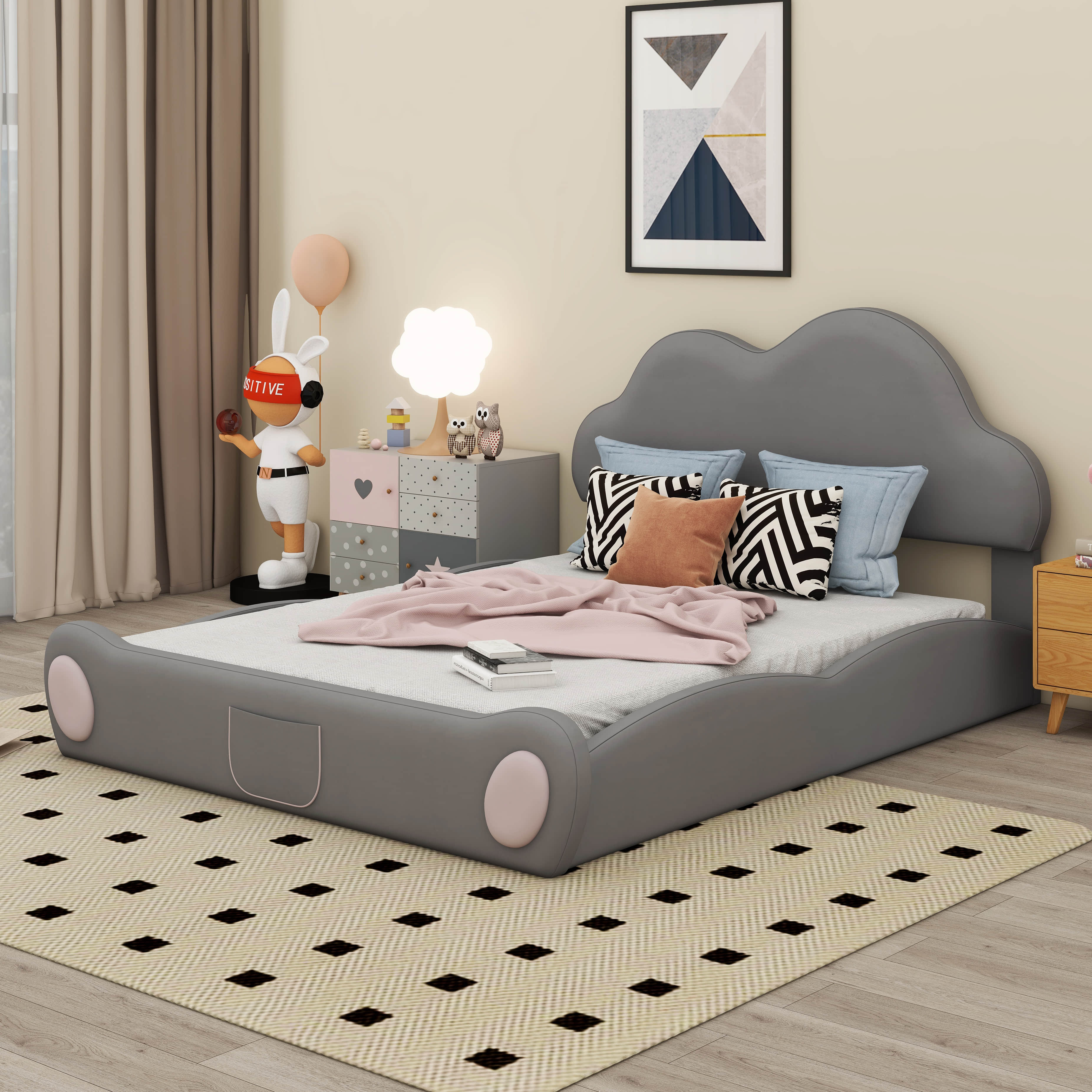 Runforrrs Queen Cloud Headboard Upholstered Platform Bed with Round ...