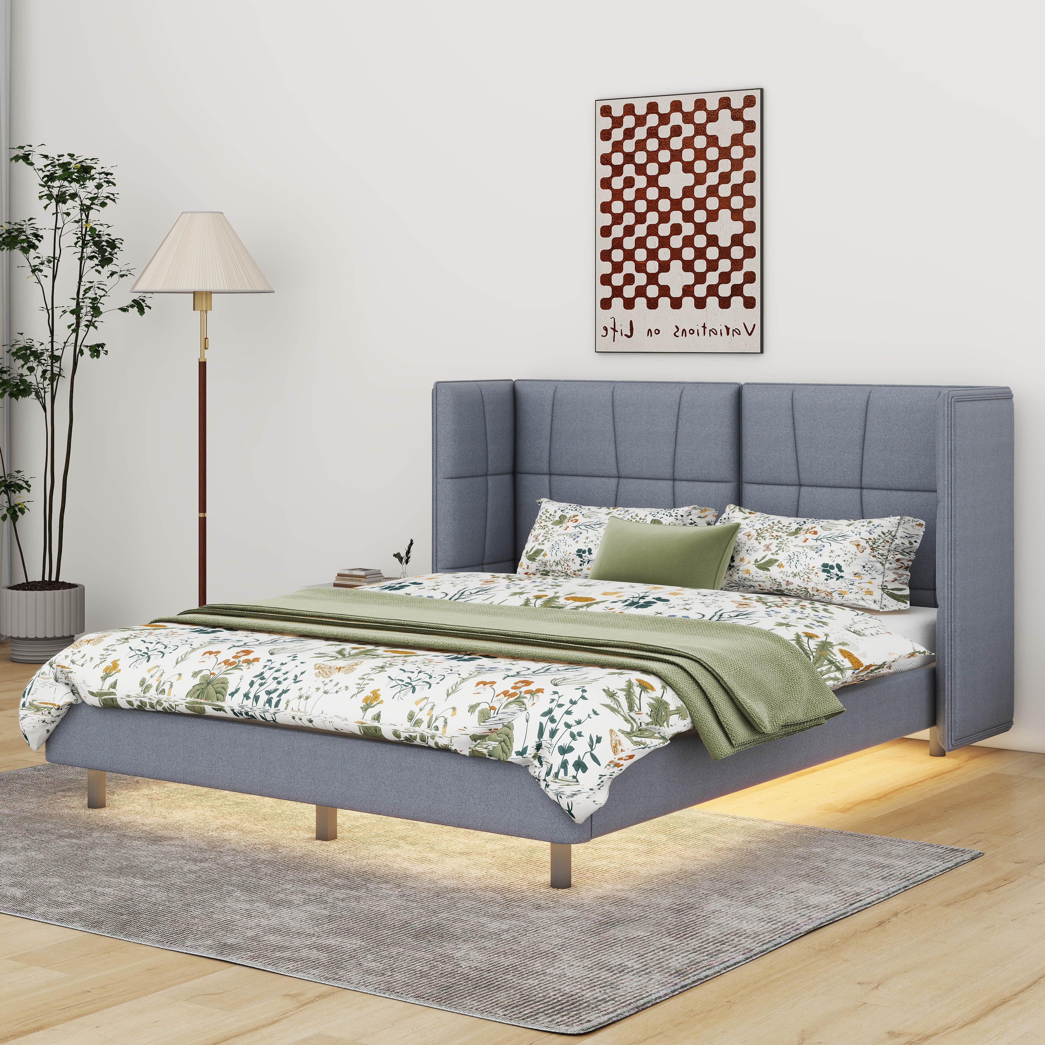 Runforrrs Queen Size Linen Fabric Upholstered Platform Bed with U ...