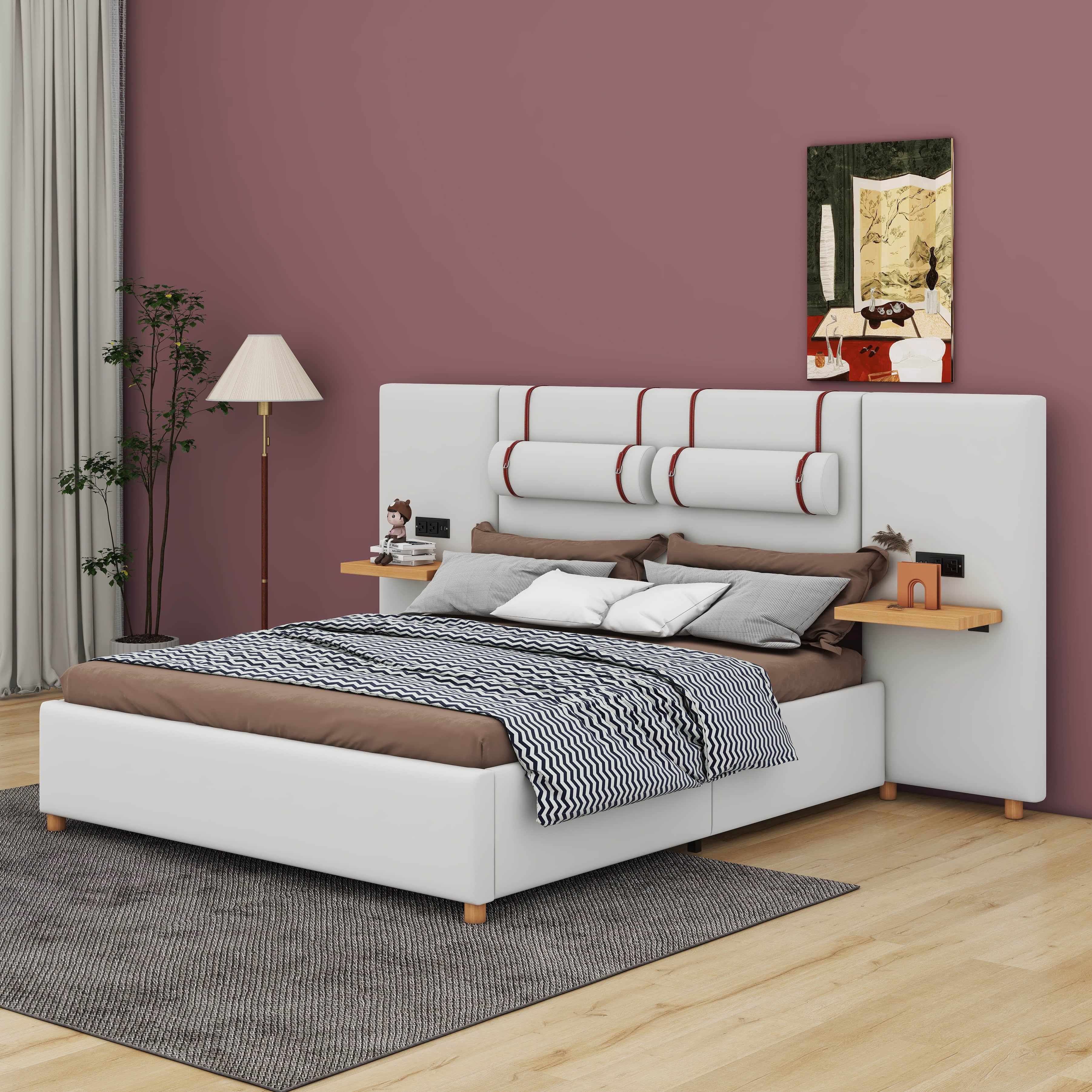 Runforrrs Queen Size Velvet Upholstered Platform Bed with Two Bedside ...