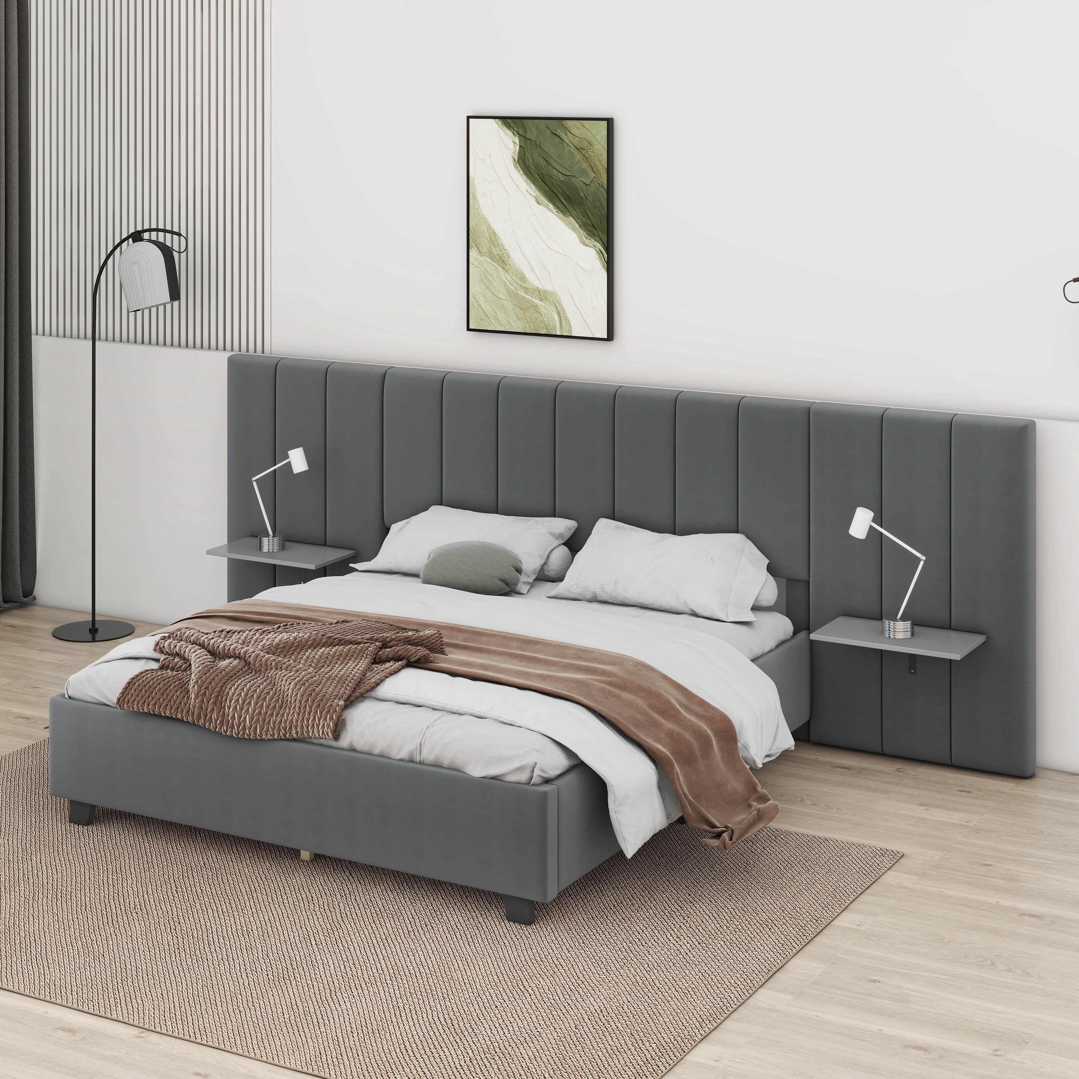 Runforrrs Queen Size Velvet Upholstered Platform Bed with Big Headboard ...