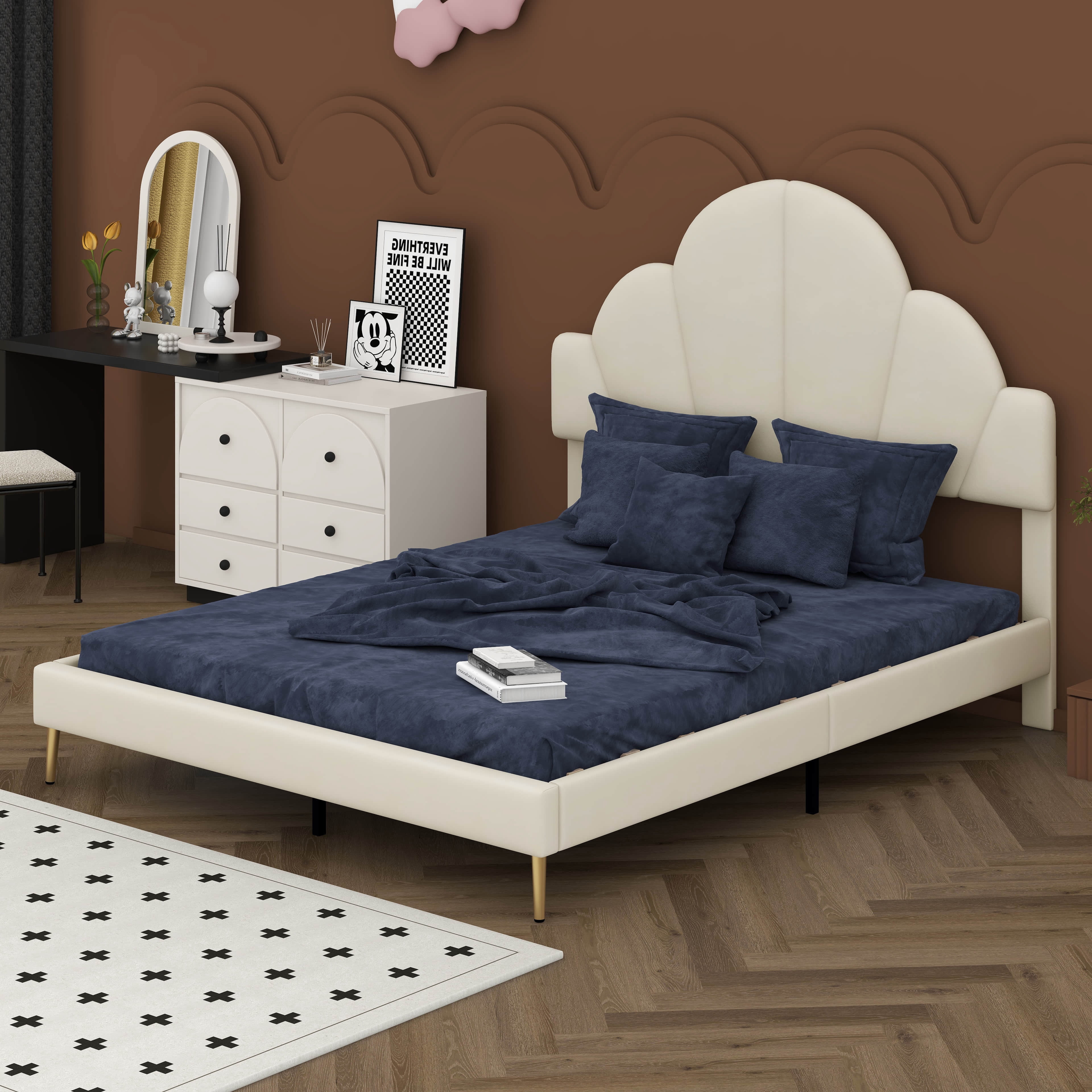 Runforrrs Queen Size Velvet Upholstered Platform Bed with Petal Shape ...