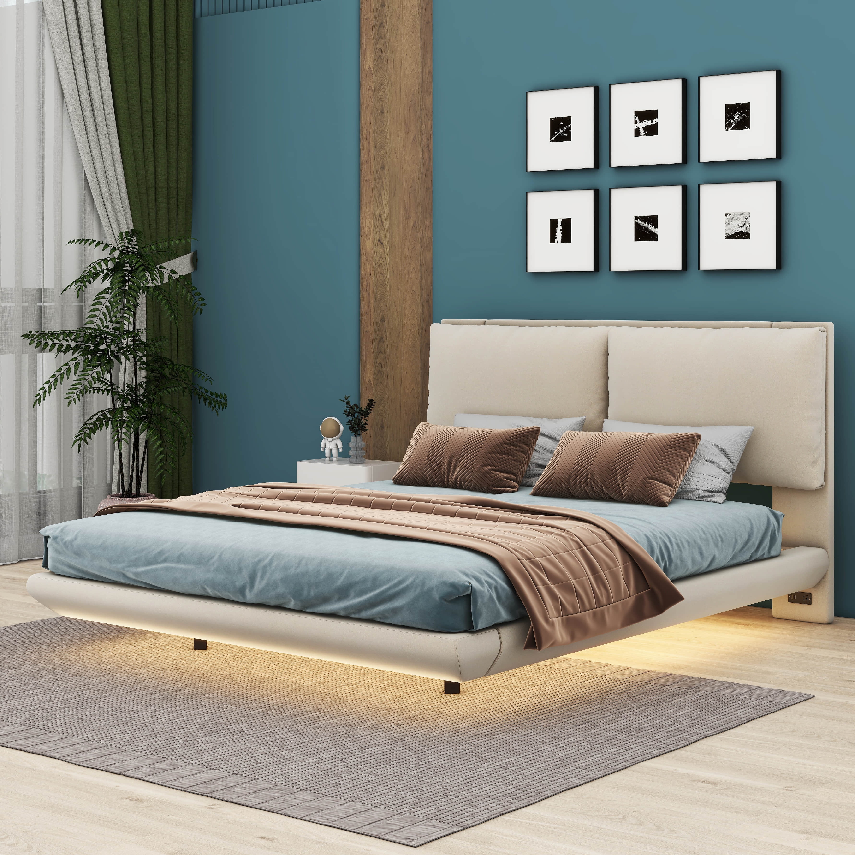 Runforrrs Queen Size Velvet Upholstered Platform Bed with Sensor Light ...
