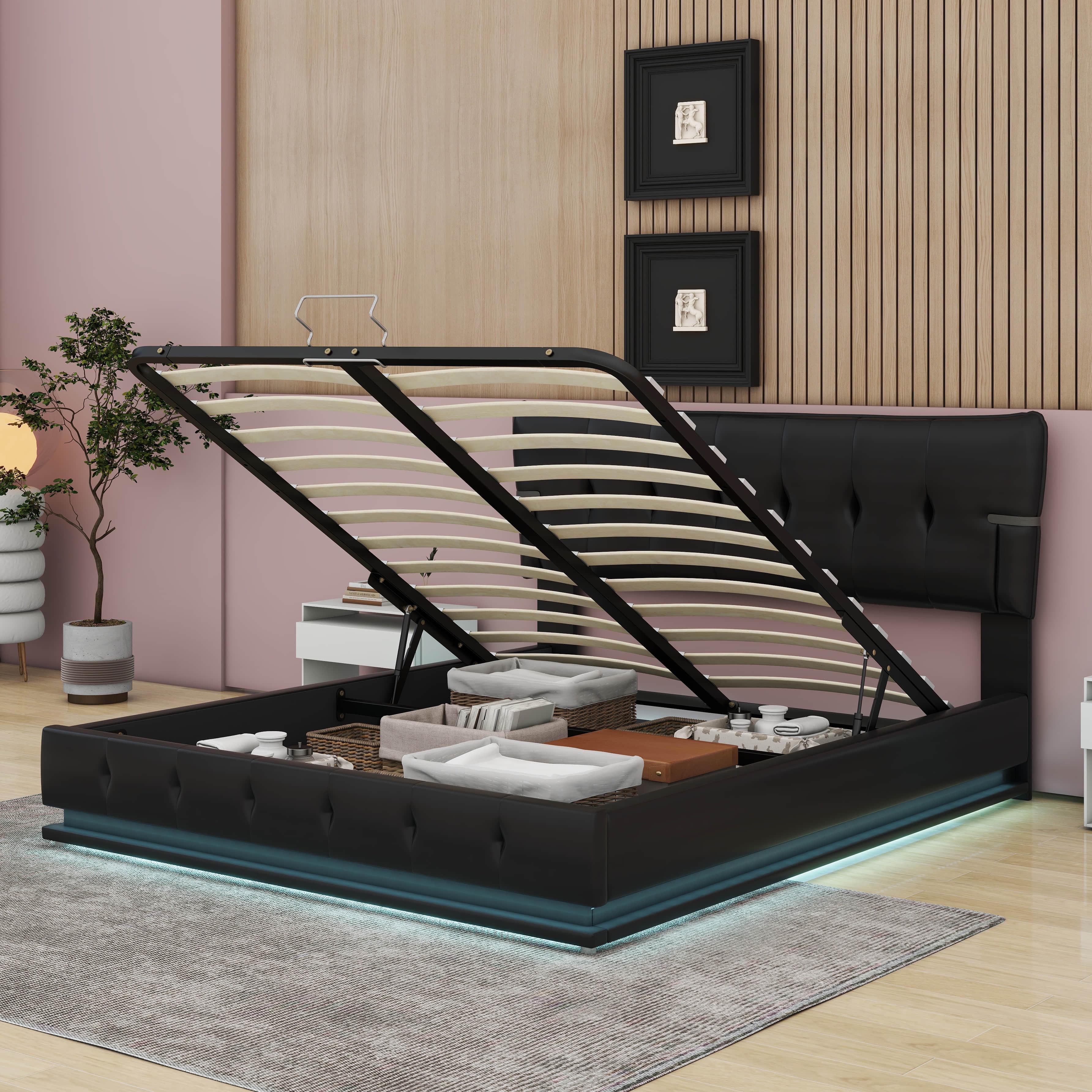 Runforrrs Queen Upholstered Platform Hydraulic Storage Bed, Elevated Storage Bed with RGB LED ...