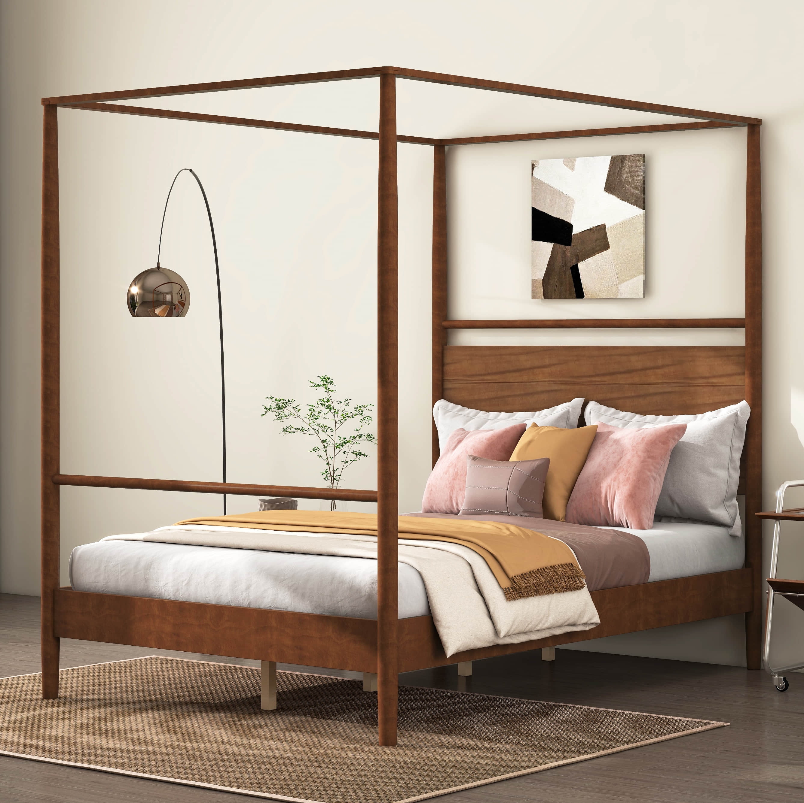 Runforrrs Solid Wood Canopy Bed Frame Four Poster Bed, Full Size, Walnut Color - Walmart.com