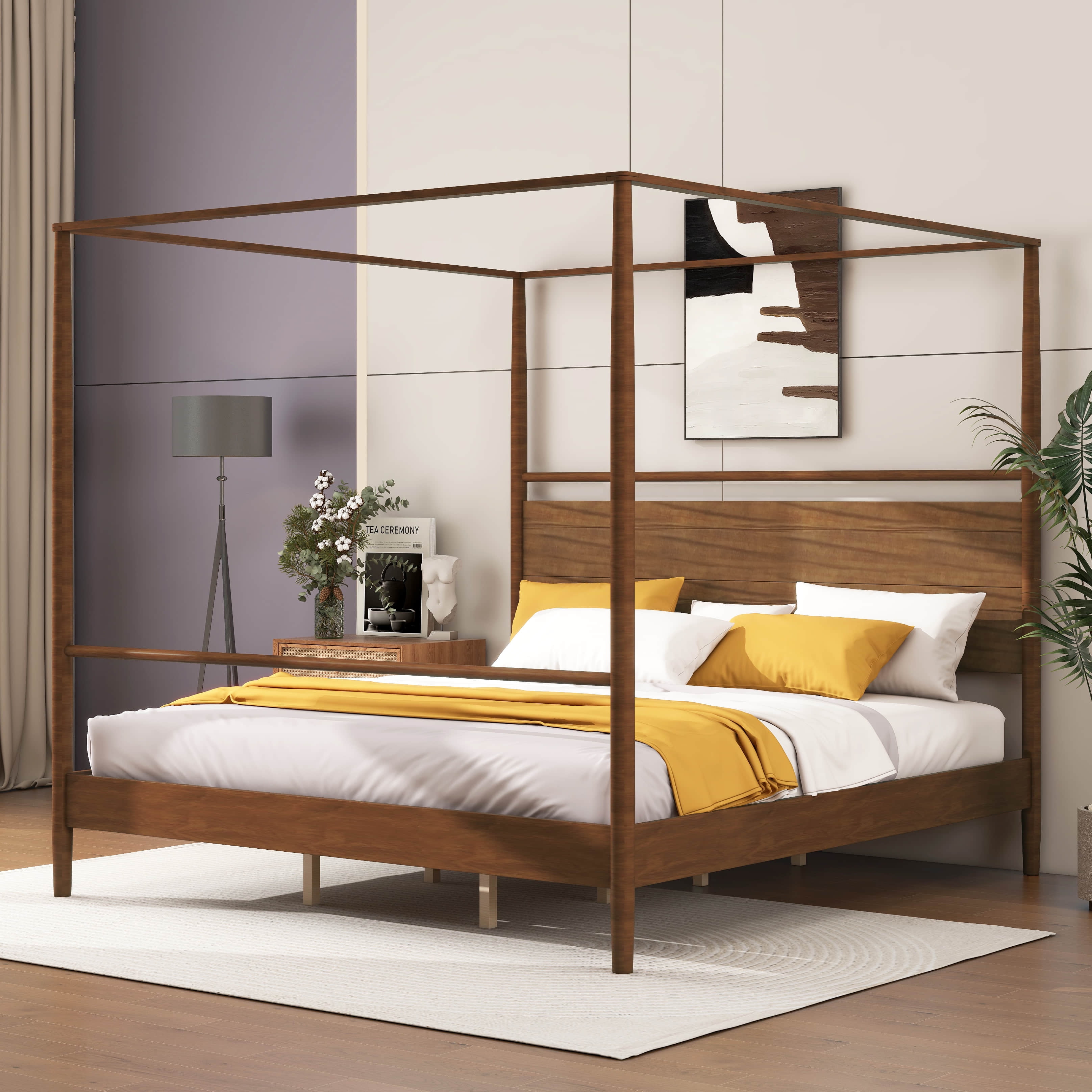 Runforrrs Solid Wood Canopy Bed Frame Four Poster Bed, King Size, Walnut Color - Walmart.com