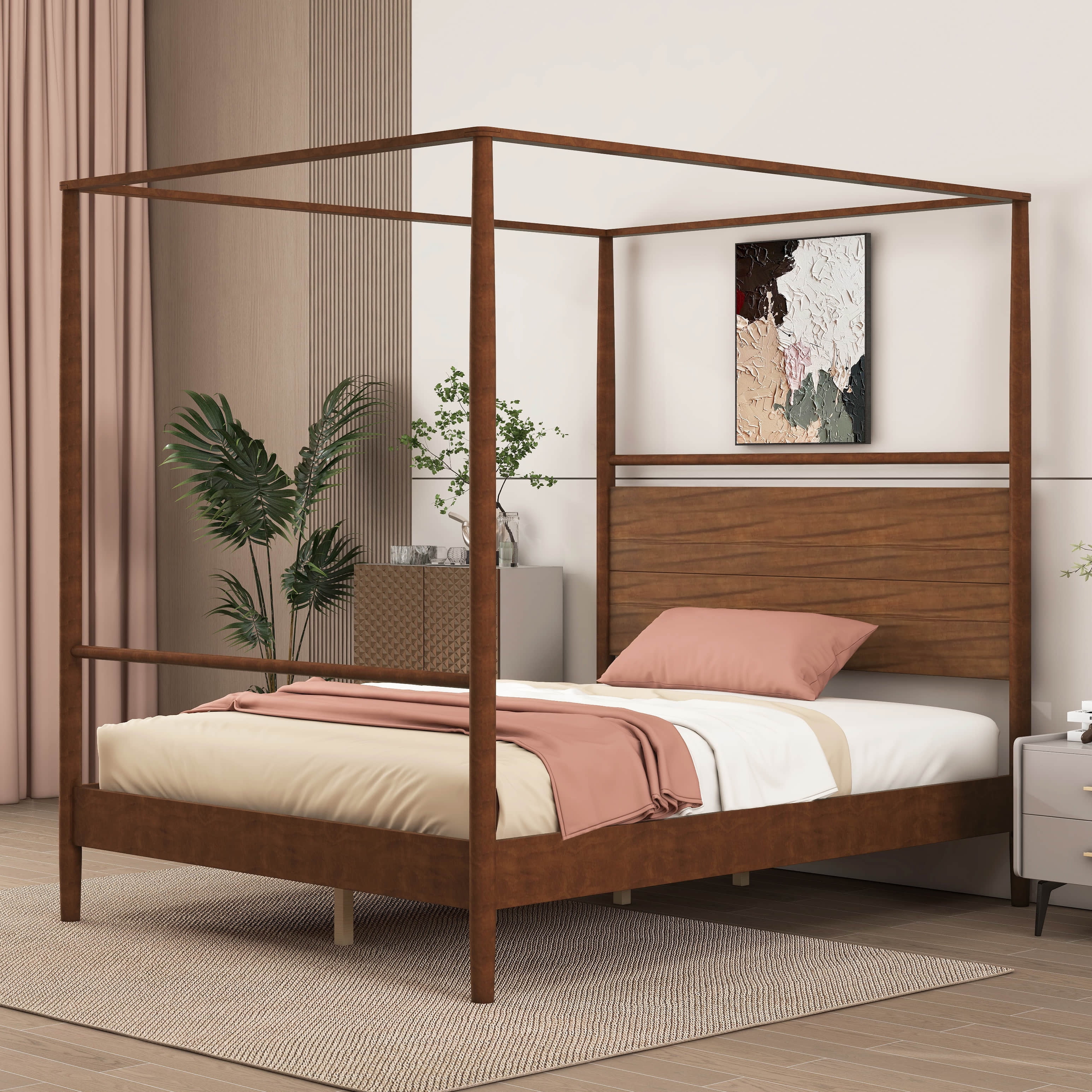 Runforrrs Solid Wood Canopy Bed Frame Four Poster Bed, Queen Size, Walnut Color - Walmart.com