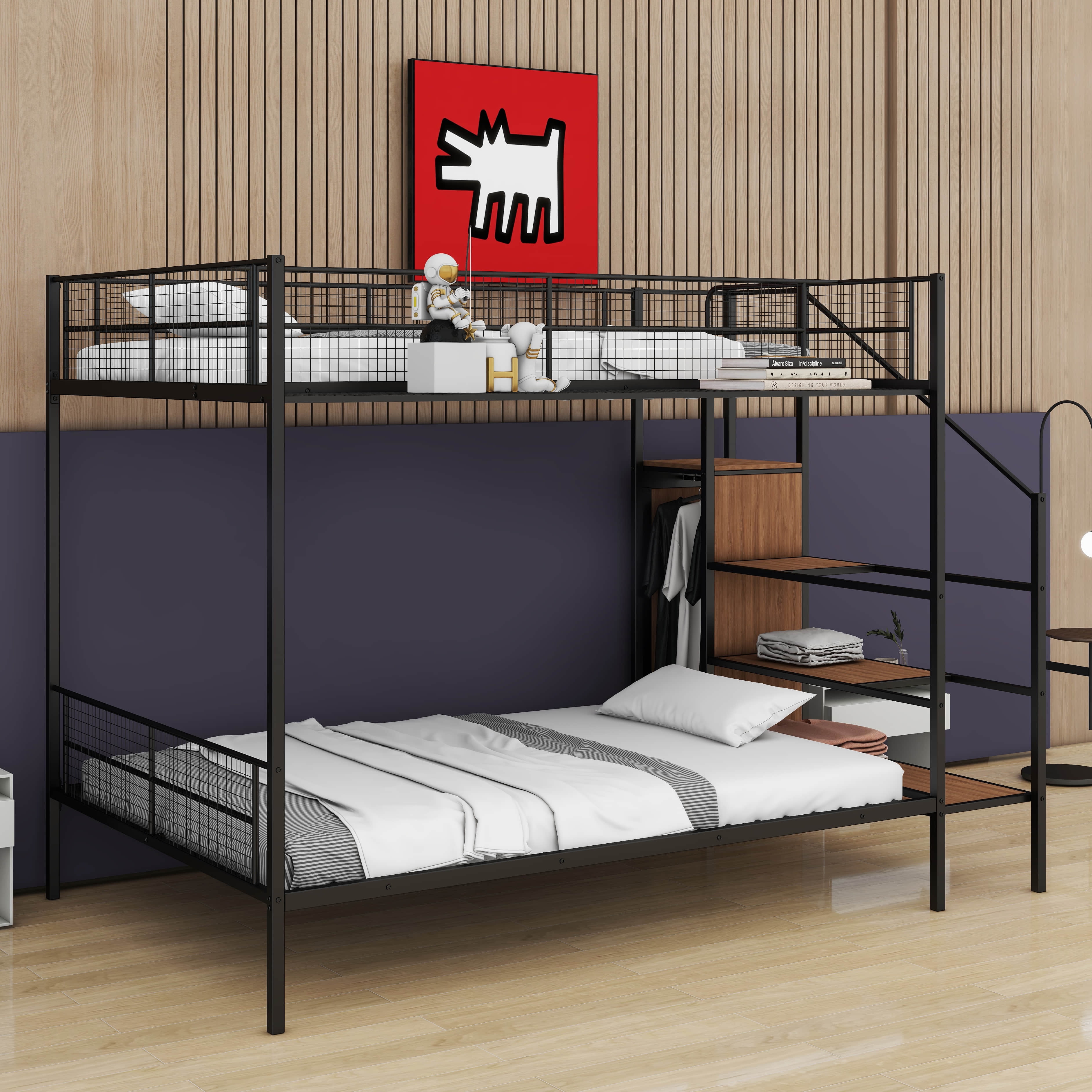 Runforrrs Twin Over Full Bunk Metal Bed with Wire Shelves, Side Storage ...